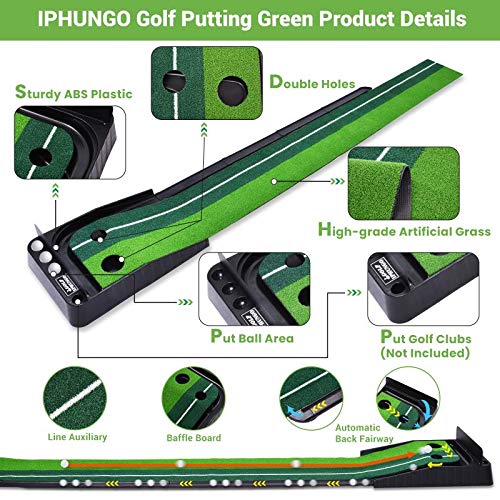 IPHUNGO Indoor Golf Putting Green - Extra Long 9.84Ft Mat with Auto Ball Return Function 2 Holes and 3 Golf Balls 1 Sponge Ball Mini Golf Practice Training Aid, Office,Game,Home, Office, Outdoor Use