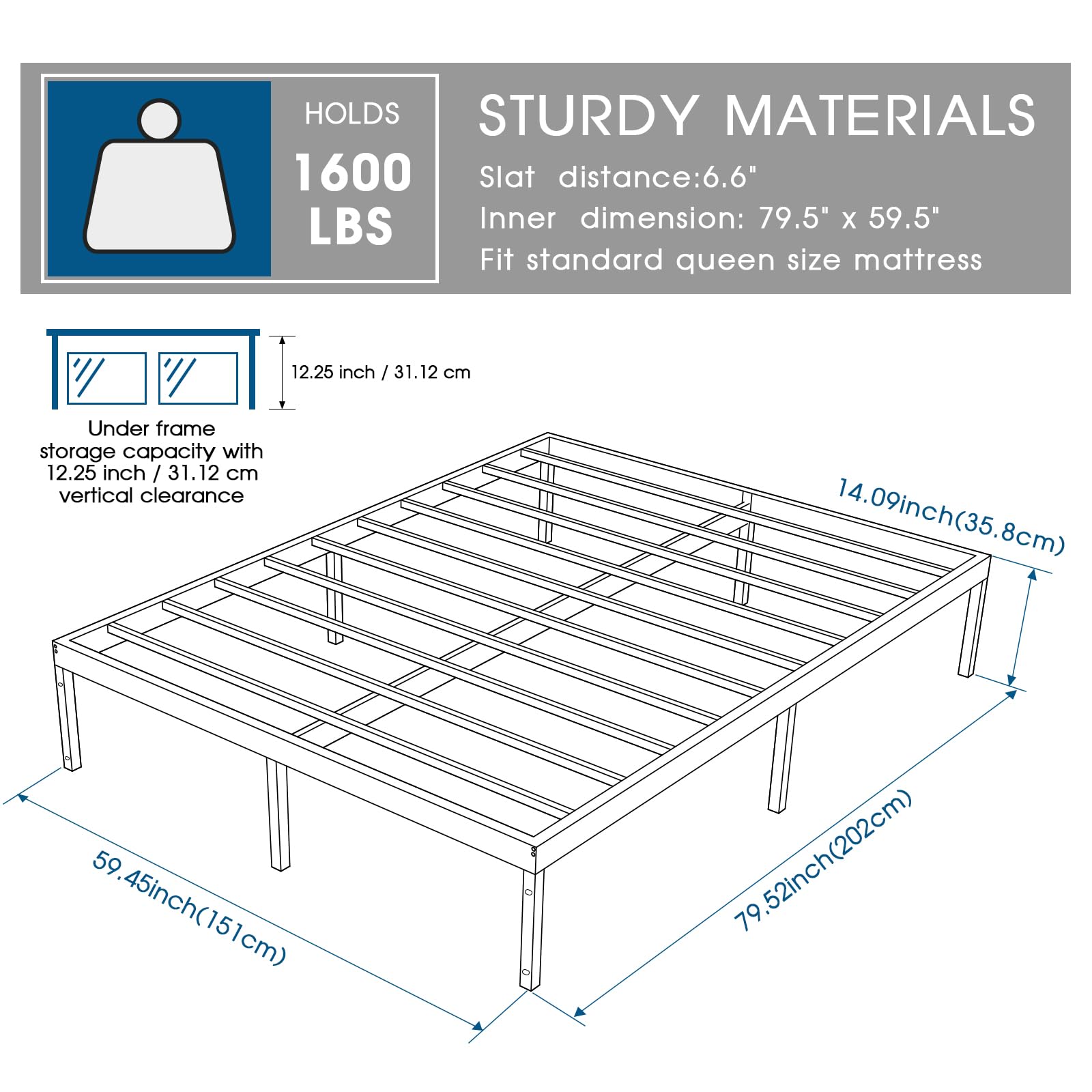 HFFTOO Metal Platform Bed with 9 Leg Base Queen Size Bed Frame with Ten Strong Metal Slats Support Black 79x59x14 Inch Black