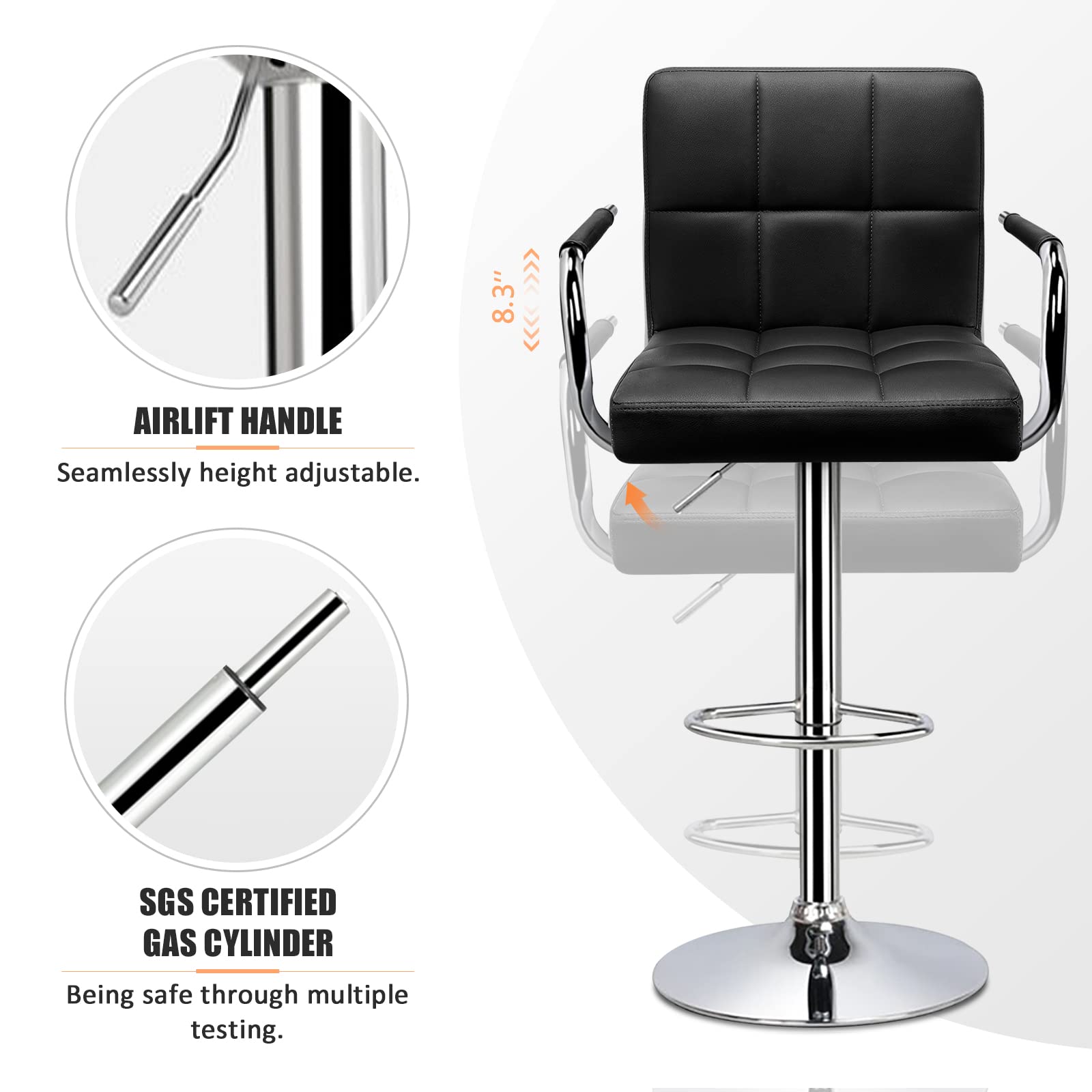 Huracan Bar Stools 1 Pack White Bar Chairs with Arms Swivel Counter Height Stools Adjustable Bar Stool with Back Bar Chair Armrest Modern Island Chairs for Kitchen 360 Degree (White, 1pc)