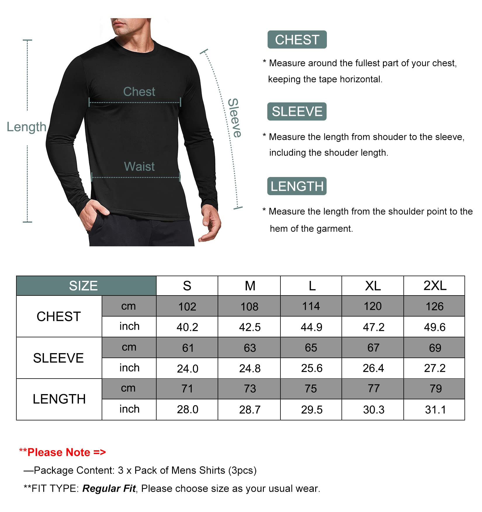 Men's 3 Pack Performance Long Sleeve T-Shirts, UPF 50+ Sun Protection Shirts, Athletic Workout Shirts for Running Fishing Hiking Black/Navy/Red-3P05-S