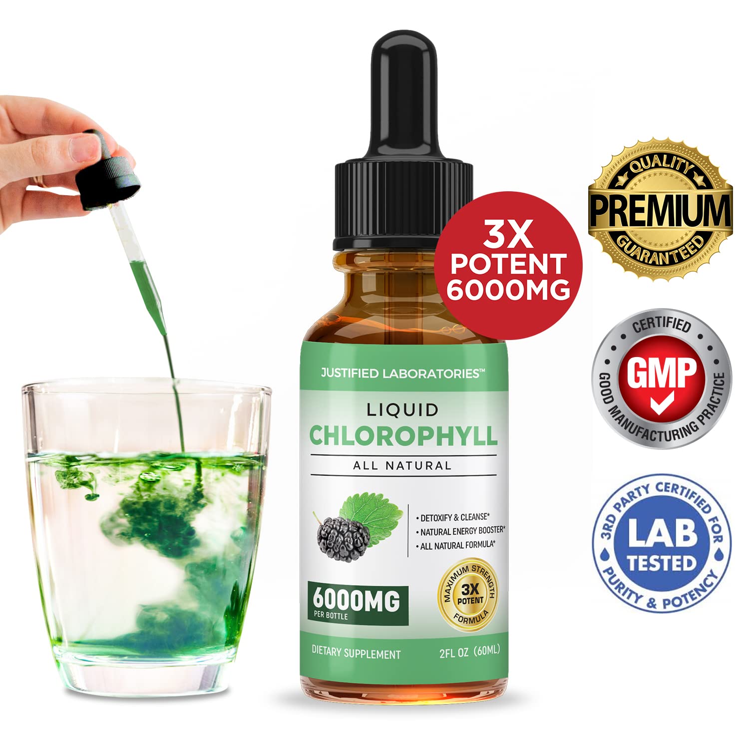 Justified Laboratories (3 Pack) Liquid Chlorophyll Drops Maximum Strength 6000MG Concentrate Packed Antioxidants Minerals and Vitamins 120 Servings Per Bottle