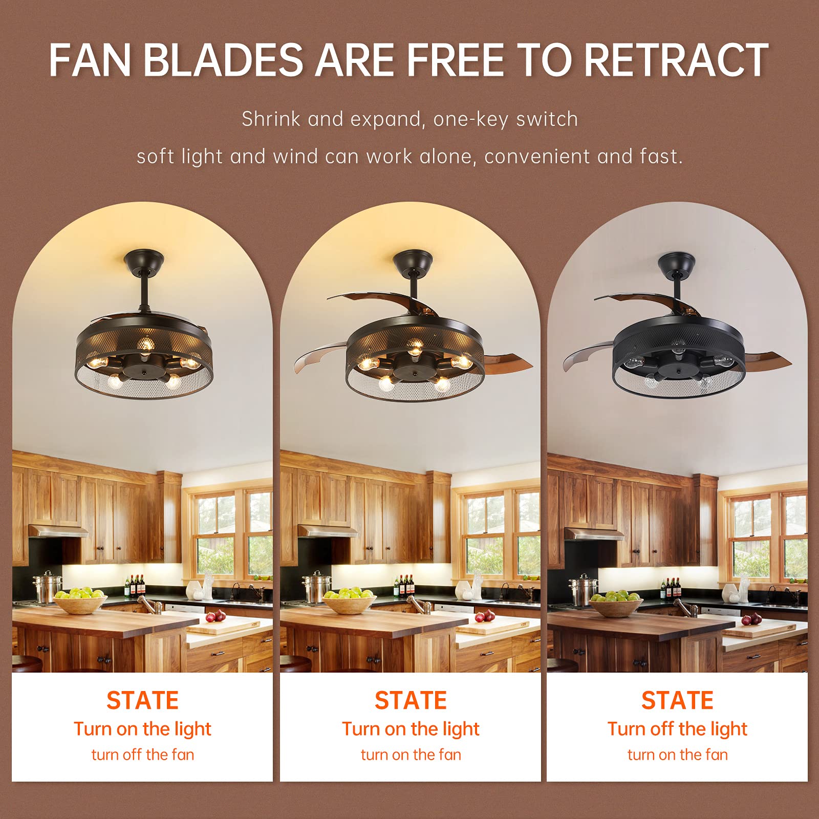 LINJO 42" Retractable Ceiling Fan with Light Black Noiseless Industrial Ceiling Fan with Remote Control 6 Wind Speeds for Living Room Bedroom Kitchen [Easy Installation] [3 Colors 5 E26 Led Bulb]