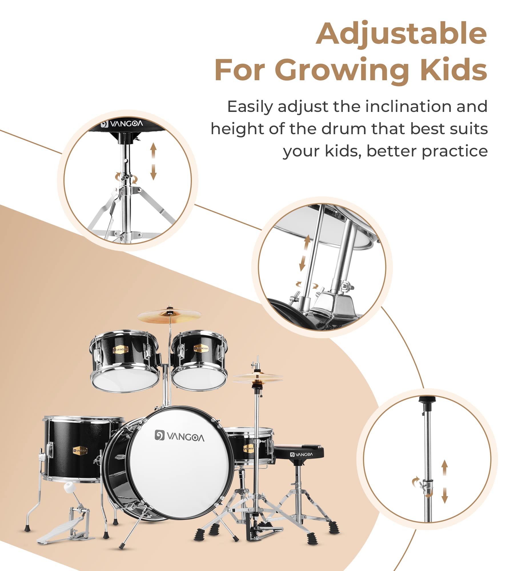 Kids Drum Set, 5 Piece Junior Drum Set for Beginner, 16 Inch Drum Set for Student Children Teens Starter Kits with Adjustable Throne Cymbal Pedal Drumsticks, Black, by Vangoa
