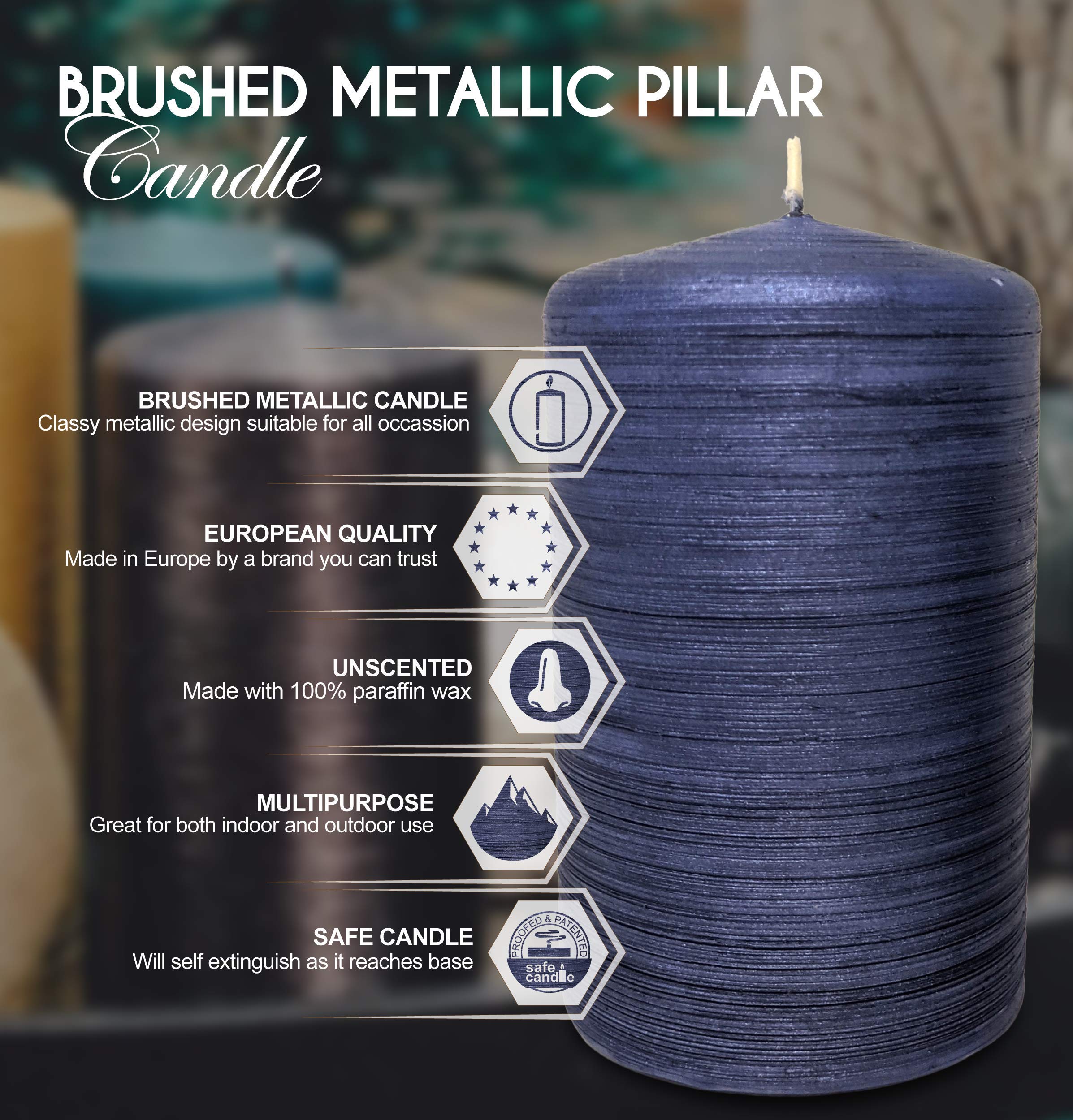 Hyoola Brushed Metallic Pillar Candles - 6 Pack - Navy Blue Pillar Candles - European Made Decorative Pillar Candles - 2.4 Inch x 4 Inch