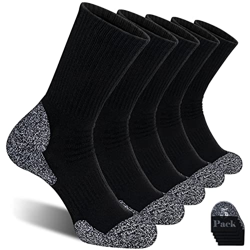 KEECOW Men's Crew Socks, 5 Pairs Athletic Cushioned Socks For Working Hiking (Large, Black (5 Pairs))