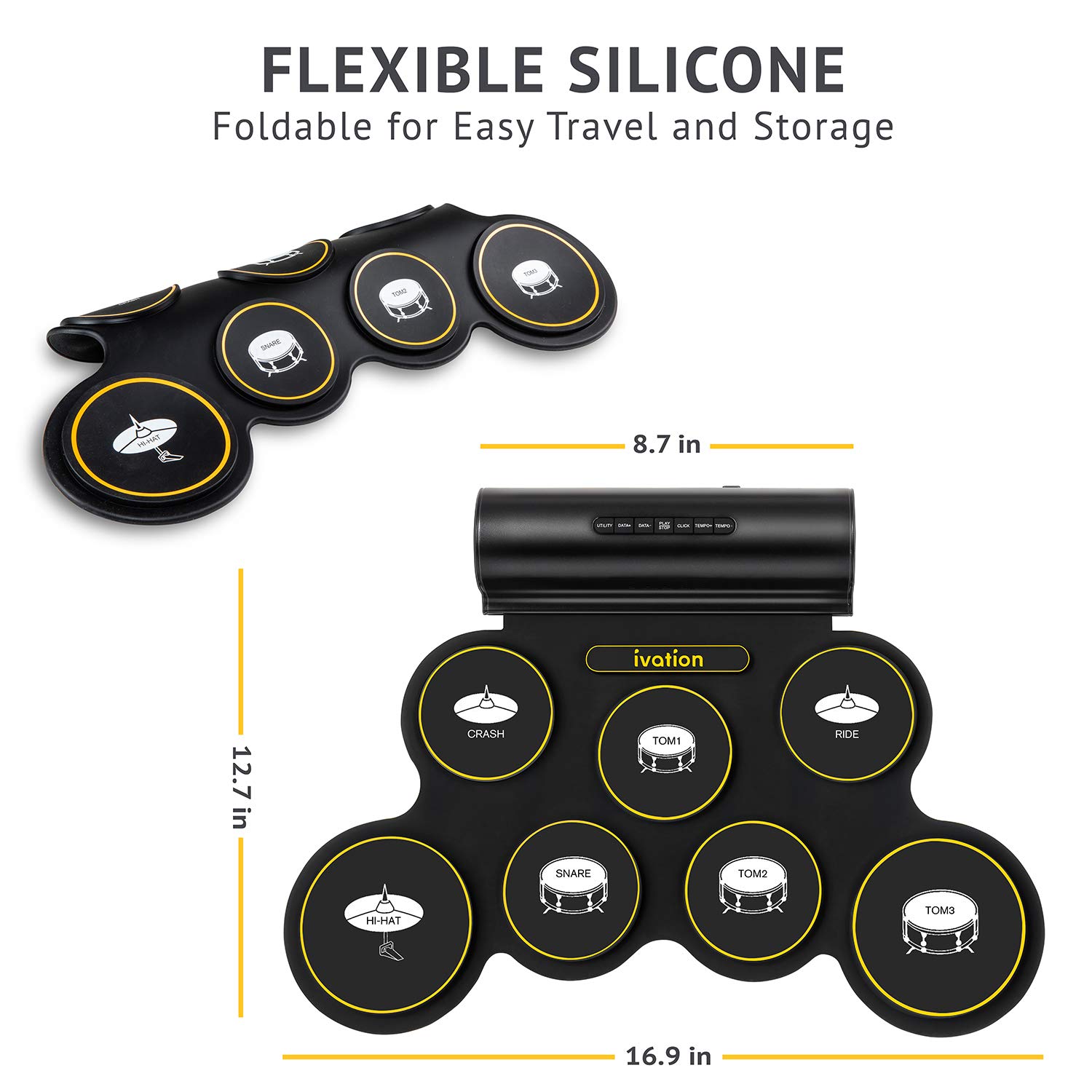 Ivation Portable Electronic Drum Pad - Built-in Speaker (DC Powered) - Digital Roll-Up Touch Sensitive Drum Practice Kit - 7 Labeled Pads and 2 Foot Pedals for Kids Children Beginners