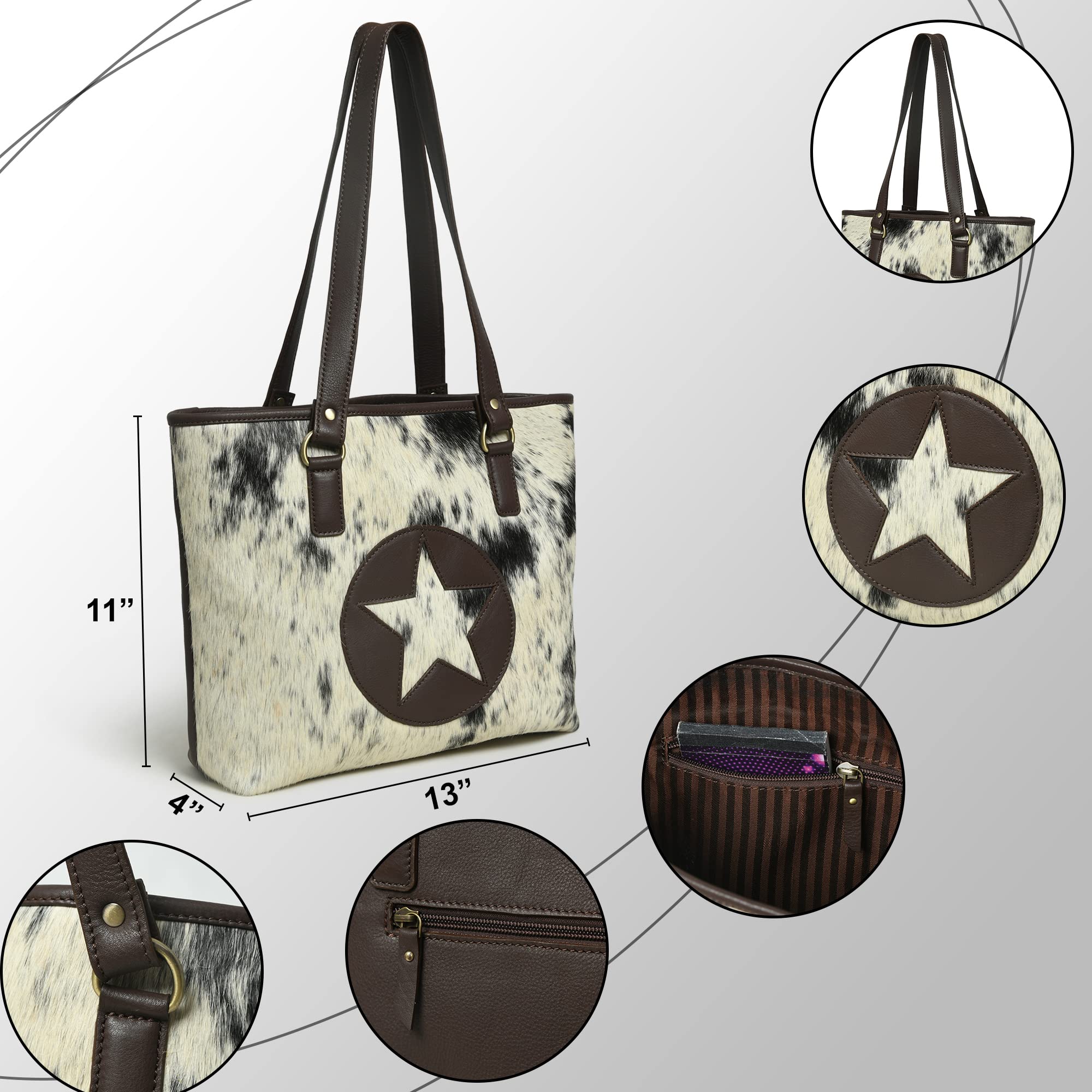 MOUSM Real Cow Hide Color Tones & Patterns of cowhides can vary Hair on Leather Printed Shoulder Bag, Top Handle Handbag for Women