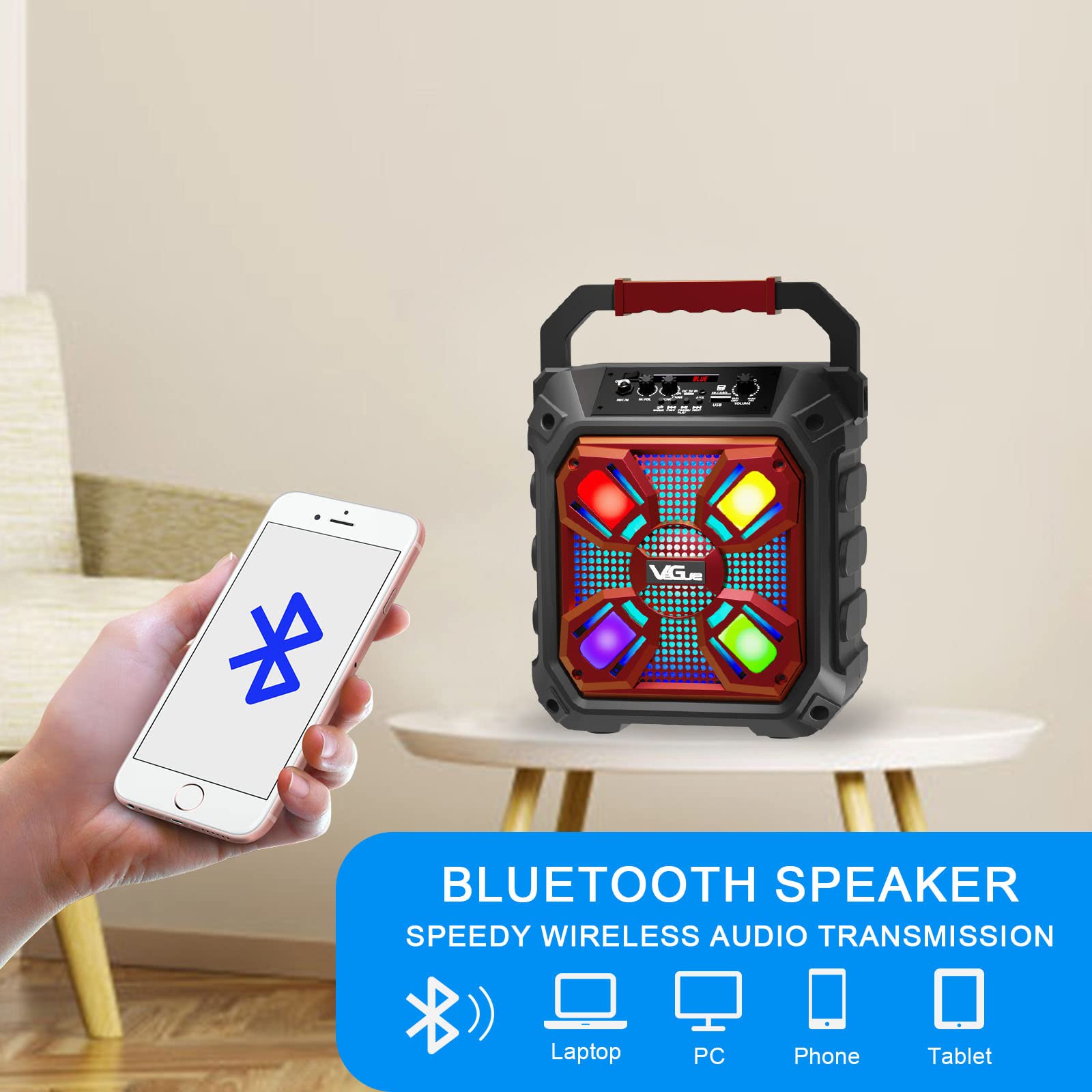 Karaoke Machine for Kids, VeGue Portable Bluetooth Speaker PA System with Wireless Microphone, LED Lights, Remote Control, Supports Tf Card/USB/AUX Input, Ideal for Home Karaoke, Party (VS-0606)
