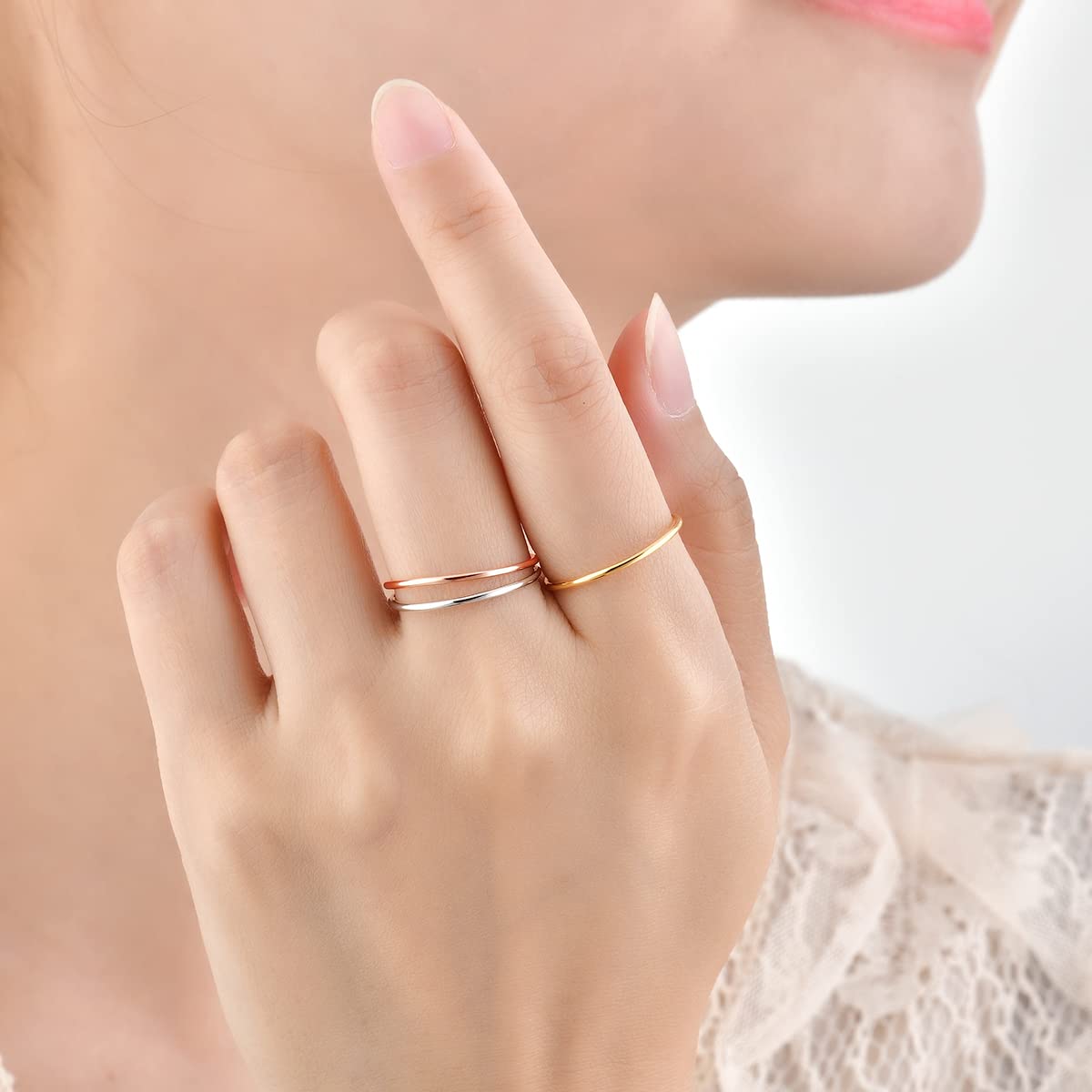 LHUOSN 3pcs Stainless Steel Stacking Rings for Women Men, 2mm Thin Plain Stackable Ring Bands, Toe Knuckle Rings Silver Gold Rose Gold Color
