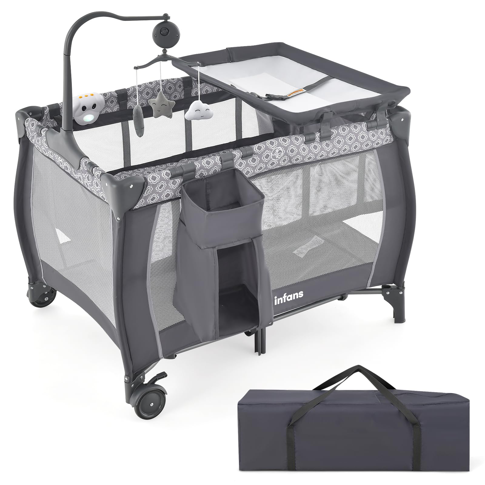 INFANS 3 in 1 Pack and Play, Portable Travel Baby Crib Bassinet with Detachable Mattress, Newborn Changing Table, Foldable Playpen with Carry Bag and 2 Wheels (Classic)