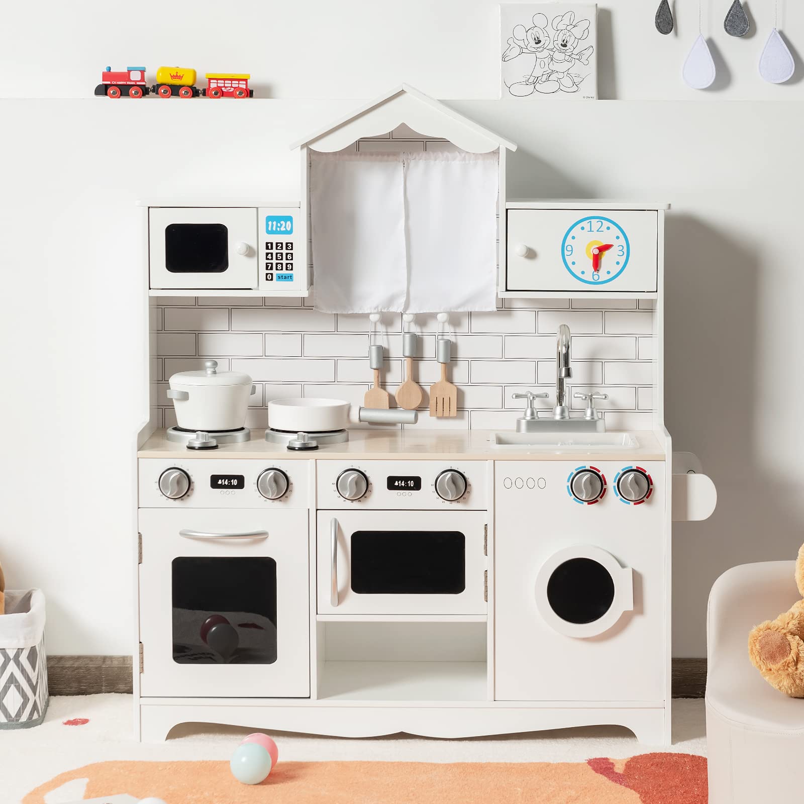 HONEY JOY Kids Kitchen Playset, 31 Inch Rooftop Wooden Play Kitchen for Toddlers, Microwave, Clock, Washing Machine, Cookware, Little Chef Pretend Play Toy Kitchen Set, Gift for Boys Girls, White