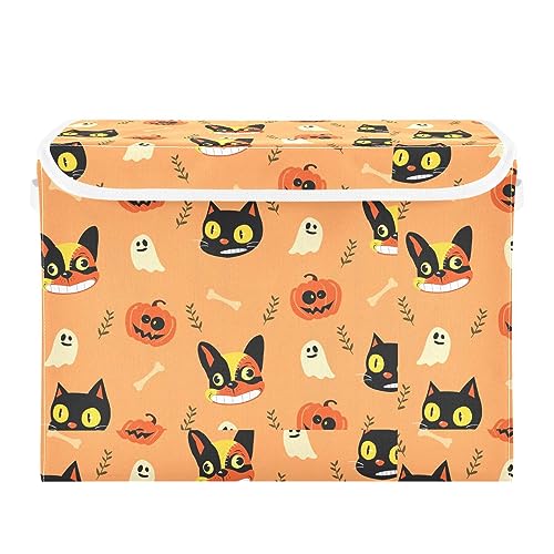 Krafig Foldable Storage Box Large Cube Organizer Bins Cute Halloween Black Cat Dog Containers Baskets with Lids Handles for Closet Organization, Shelves, Clothes, Toys