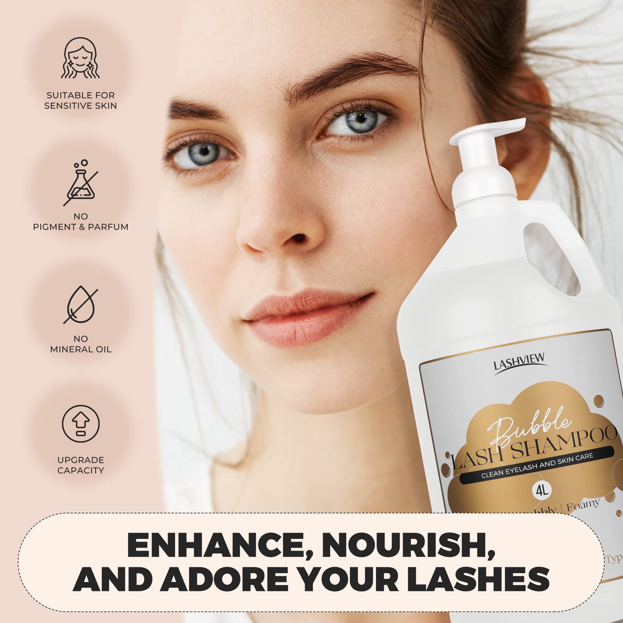LASHVIEW Lash Shampoo,Eyelash Extensions Cleanser,4L with Brush,Eyelid Foaming Cleanser,Gentle Formula without Irritation, Easy to Use and Rinse,For Home Use and Salon