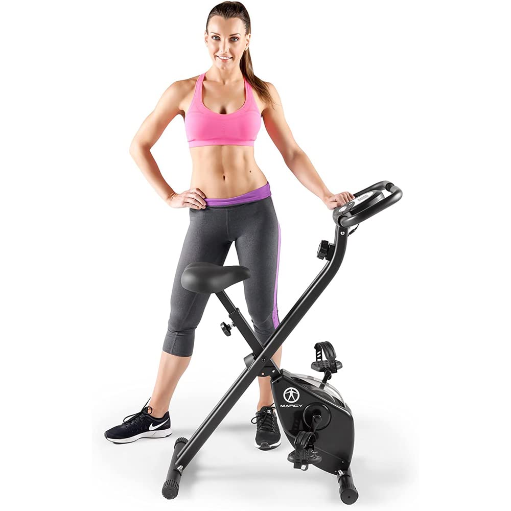 Marcy NS-654 Foldable Upright Exercise Bike Adjustable Resistance Bundle with 27 Ounce Water Bottle, Workout Cooling Sport Towel and Magnetic Wireless Sport Earbuds Gunmetal Grey