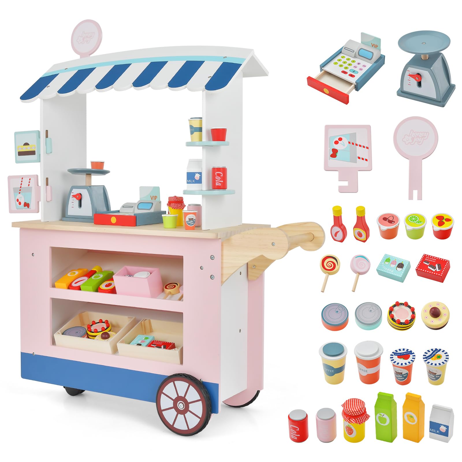 HONEY JOY Kids Food Cart, 30-Piece Toddler Pretend Play Grocery Store Playset w/Cash Register & Scale, Wooden Dessert Shop Play Market, Children Beverage Stand Cart w/Wheels, Gift for Boys Girls