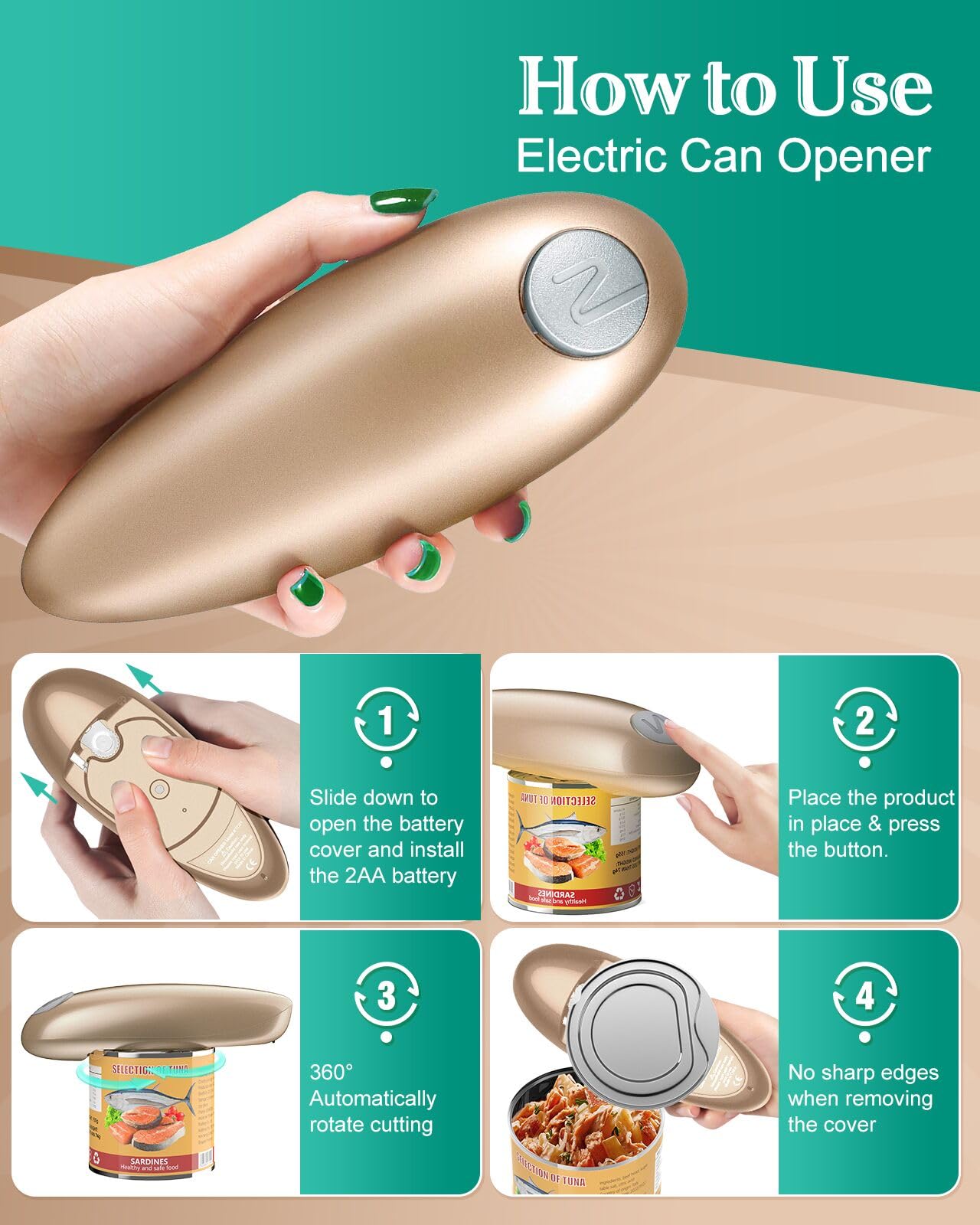 One Touch Electric Can Opener Easily Open Any Can Sizes with Smooth Edge, Food-Safe & Battery Operated Can Opener for Kitchen, Automatic Can Opener Hands Free for Weak Hands and Seniors with Arthritis