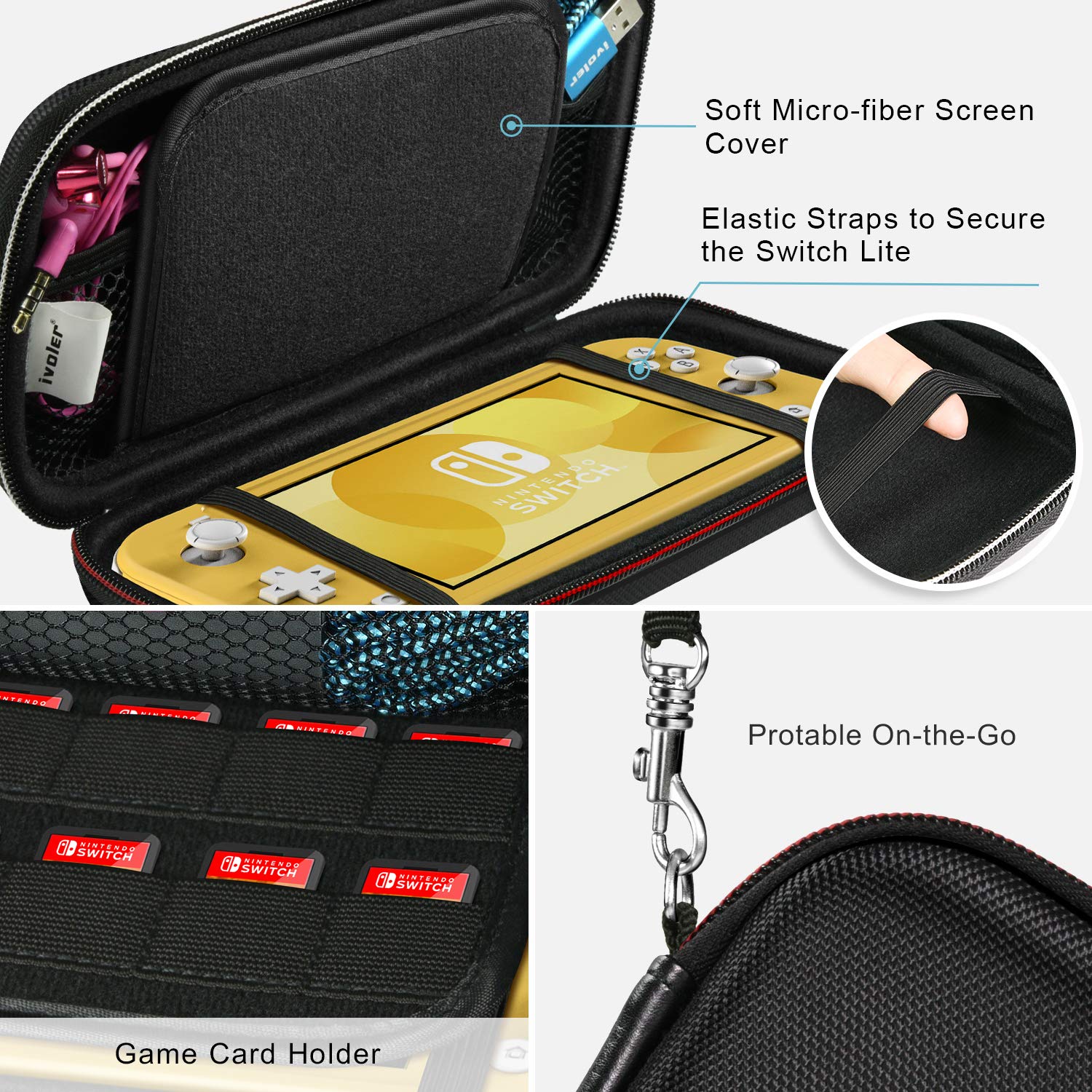 ivoler Carrying Case for Nintendo Switch Lite with 2 Pack Screen Protector, Ultra Slim Portable Hard Shell Pouch Travel Game Bag for Switch Lite Console Accessories Holds 10 Game Cards,Coral Pink