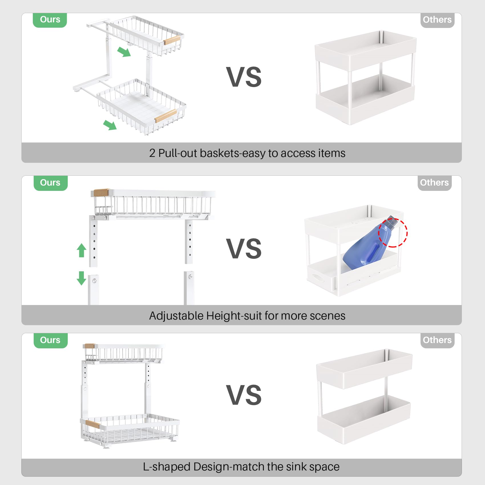 PXRACK 2 Pack Under Sink Organizer,Adjustable Height,2 Tier Pull Out Under Cabinet Organizer,Slide Out Thickened Metal Under Sink Storage for Kitchen Bathroom Laundry Cabinet Pantry,White