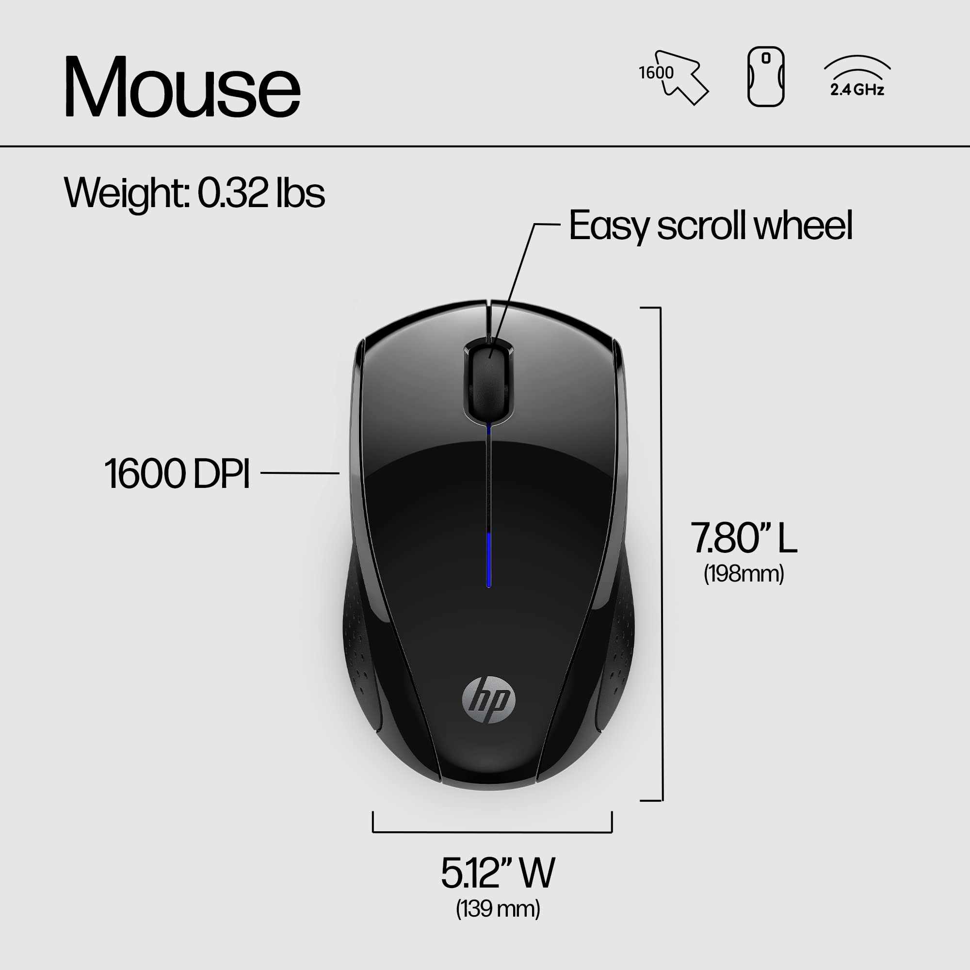 HP Wireless Mouse - Black, 15-Month Battery, 1600 DPI Sensor, Side Grips - For PC/Laptop, Mac, Chromebook