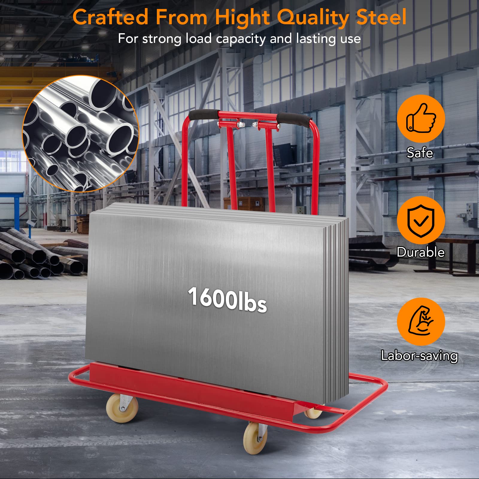 Heavy Duty Drywall Cart, 1600lbs Load Capacity, Protective Sloping Angle and Handrail, 1600lbs Load Capacity, Four Smooth Running Casters for Garage, Home, Warehouse