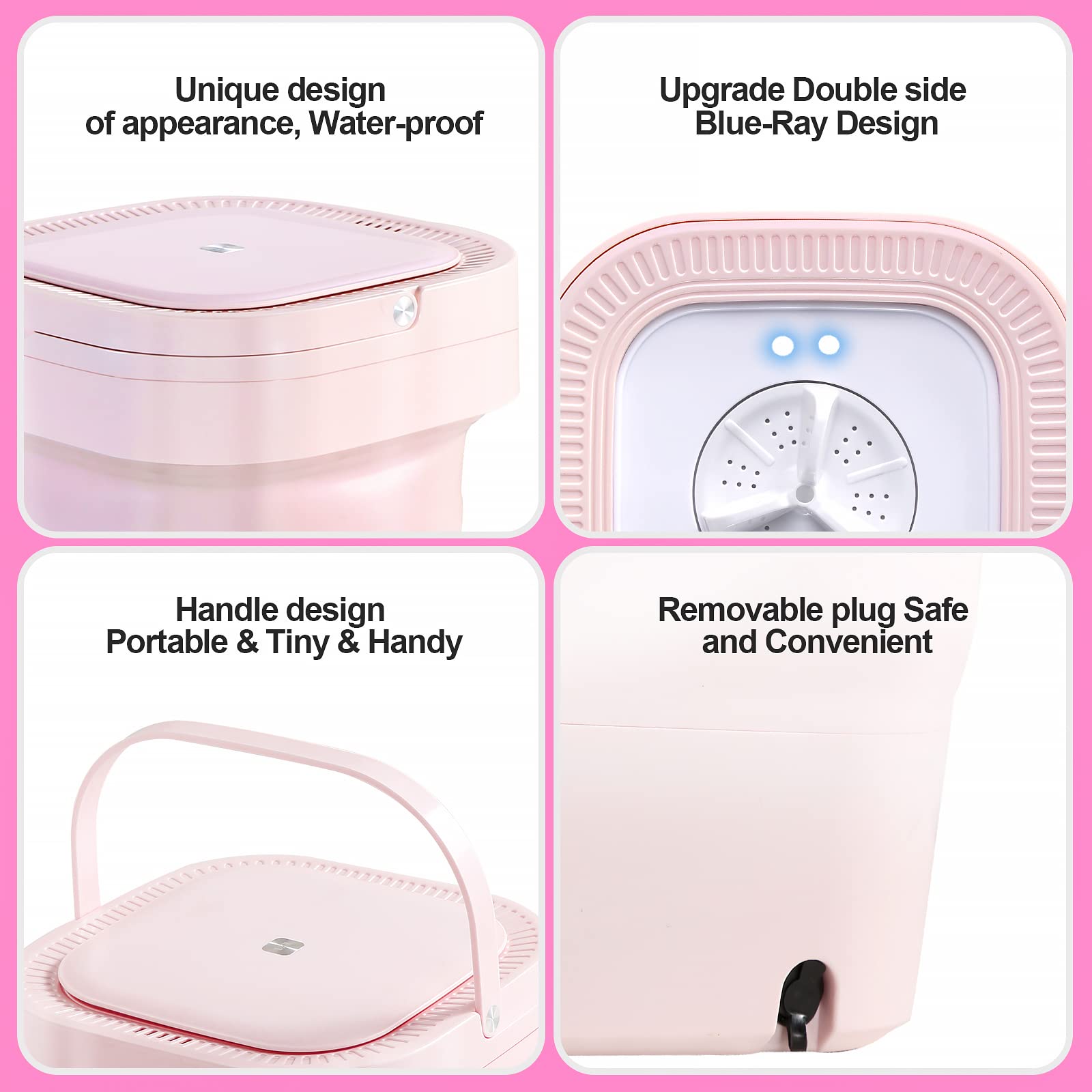 LITM Upgraded Portable Washing Machine with Socks Laundry Bag & Double Blue-Ray Design, Foldable Mini Washer for Small Spaces, Studio Apartment, Camping, Valentines day gifts for Friend or Family (Pink)