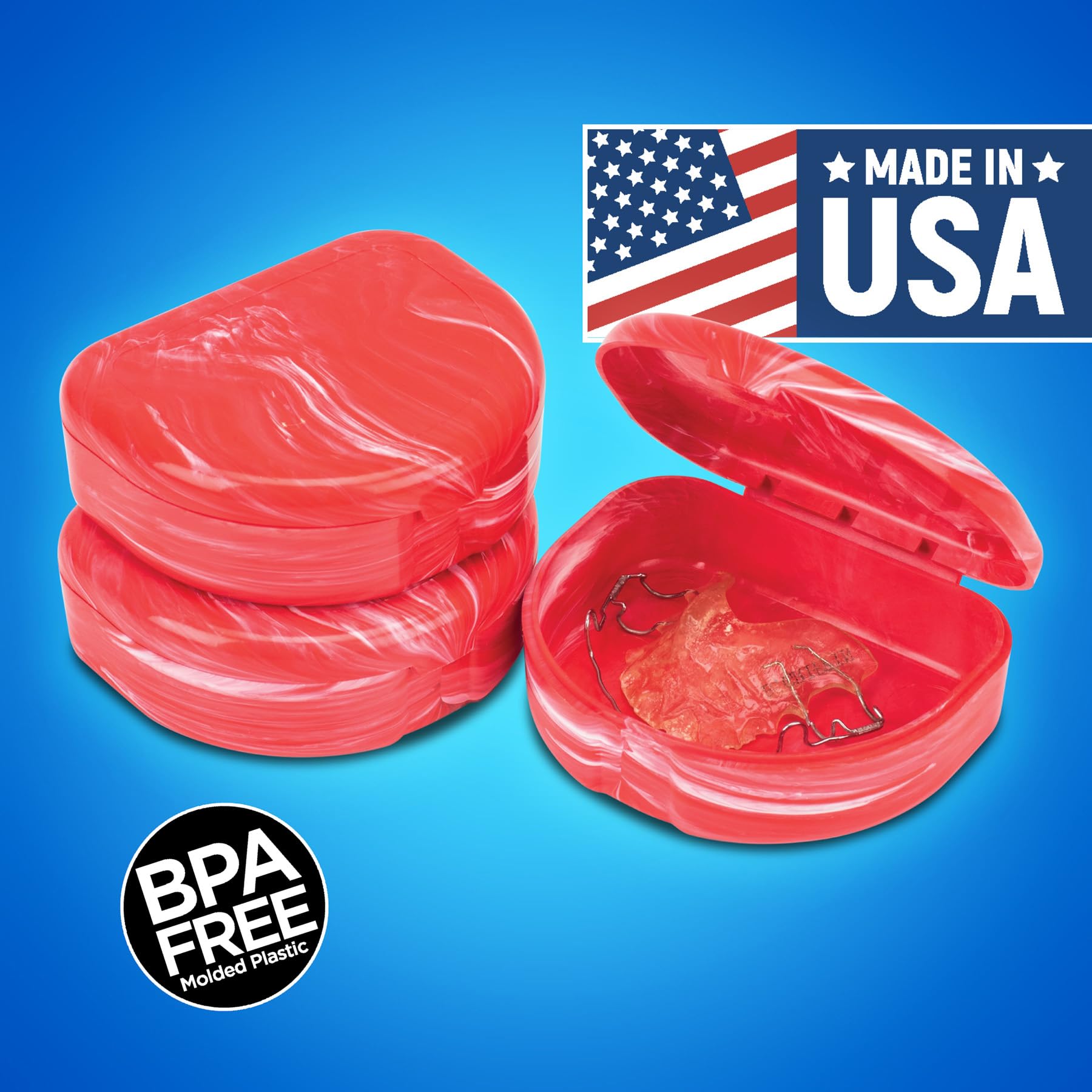 Practicon Marble Retainer Cases, Orthodontic Aligner Case, Mouth Guard Holder (3 Pack) (Red)