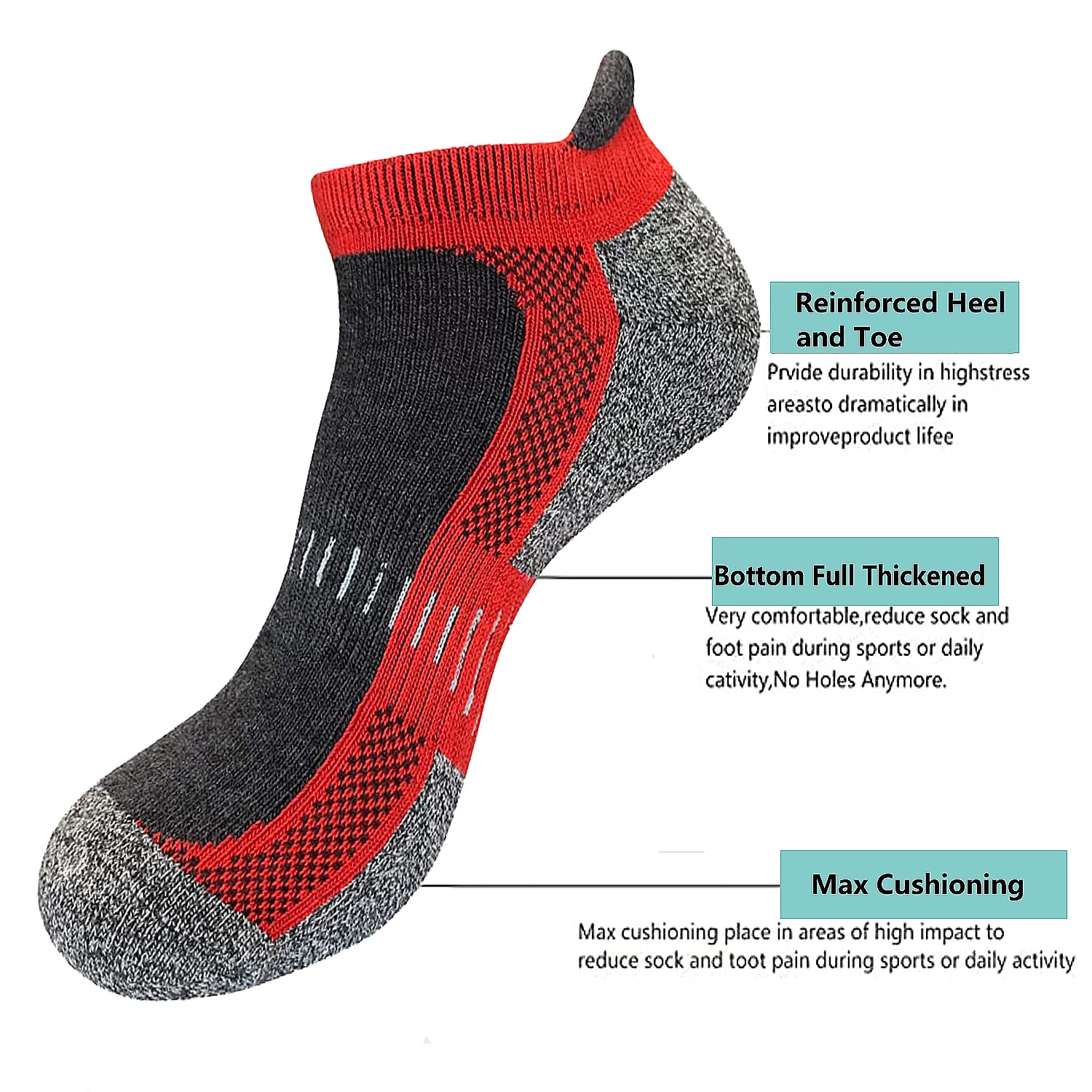 Men's Performance Cushion Cotton Low Cut Ankle Athletic Socks Heel Tab Running Socks(5 Pairs) (Five colors), 6-12