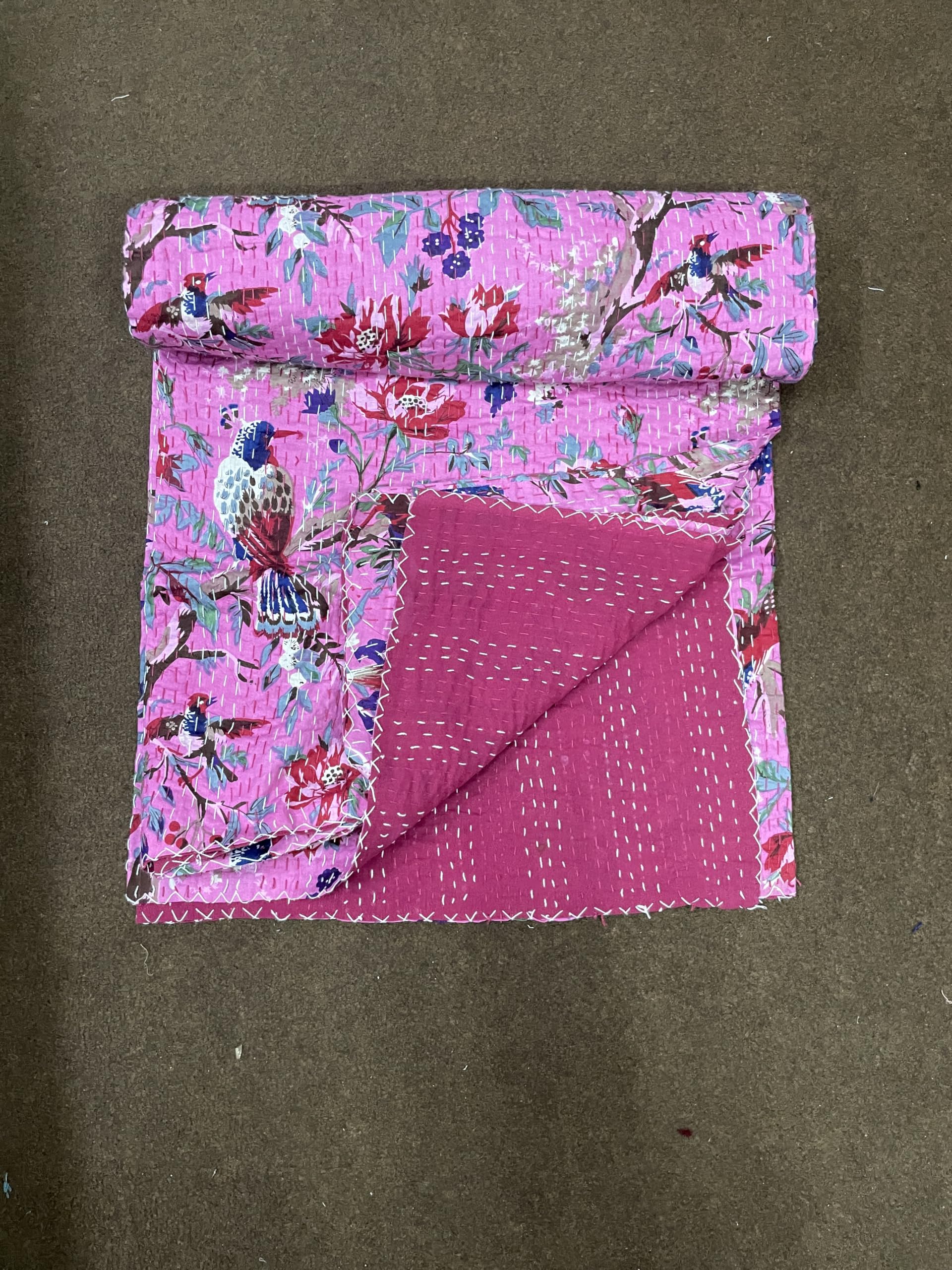 Indian Cotton Hand Stitched Kantha Birds Print Quilt Bedding Throw Bedcover Decorative Gudari Bedspread Queen Size Blanket Home KQ-52