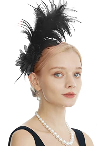 LyMet Women's 1920s Feather Fascinator Headband, Tea Party Flower Headpiece Derby Hat for Cocktail Gatsby Wedding (Black)