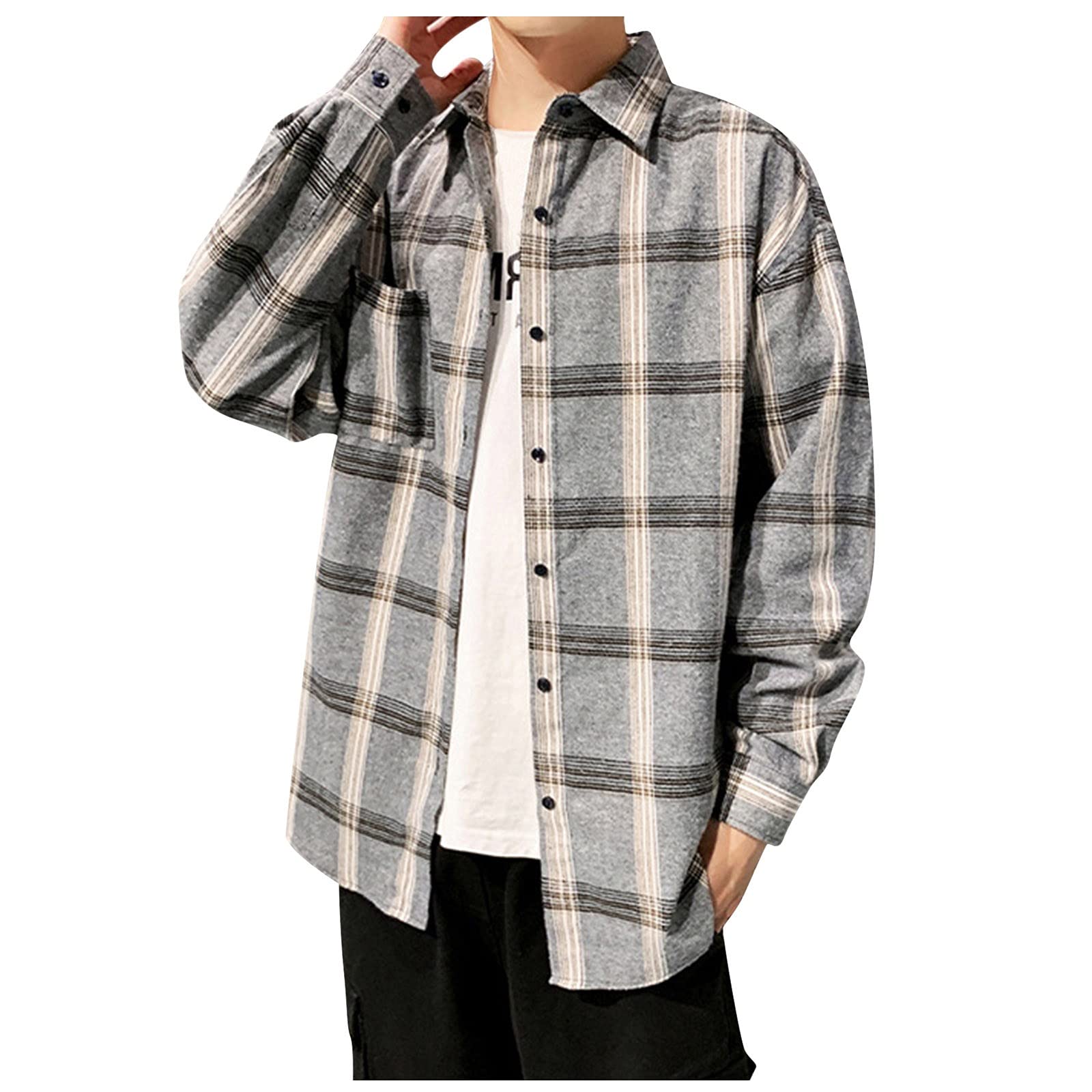 Men's Plaid Shirts Fashion Design Long Sleeve Button Down Loose Lapel Casual Shirt Basic Tees Baggy Tops Spring Autumn