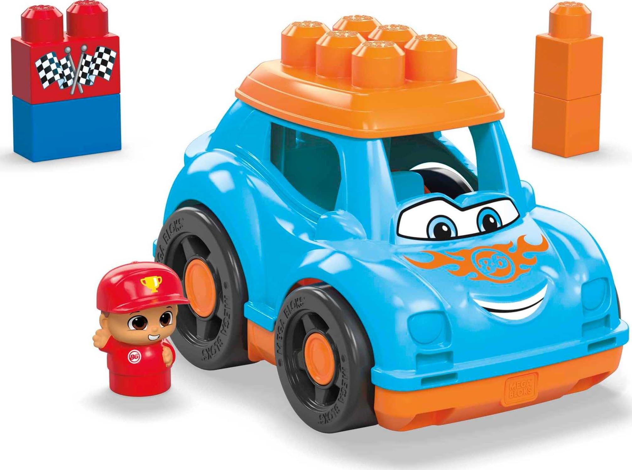 Mega BLOKS First Builders Toddler Building Blocks Toy Set, Ricky Race Car with 6 Pieces and Storage, 1 Figure, Blue, Ages 1+ Years