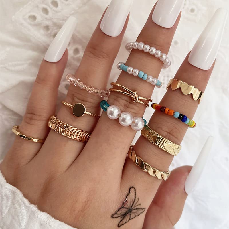 lianiser 12pcs Gold Knuckle Pearl Beaded Crystal Chain Adjustable Stackable Rings Sets for Teens Girls Women, Boho Retro Minimalist Heart Twist Cirlcle Wave Finger Nail Multiple Rings Pack