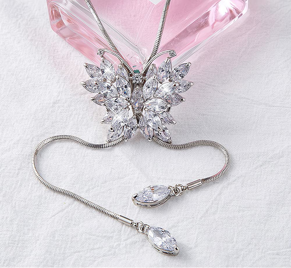 Kodewiet Women Cubic Zirconia flower Butterfly Long Adjustable Chain Pendant Sweater Necklace