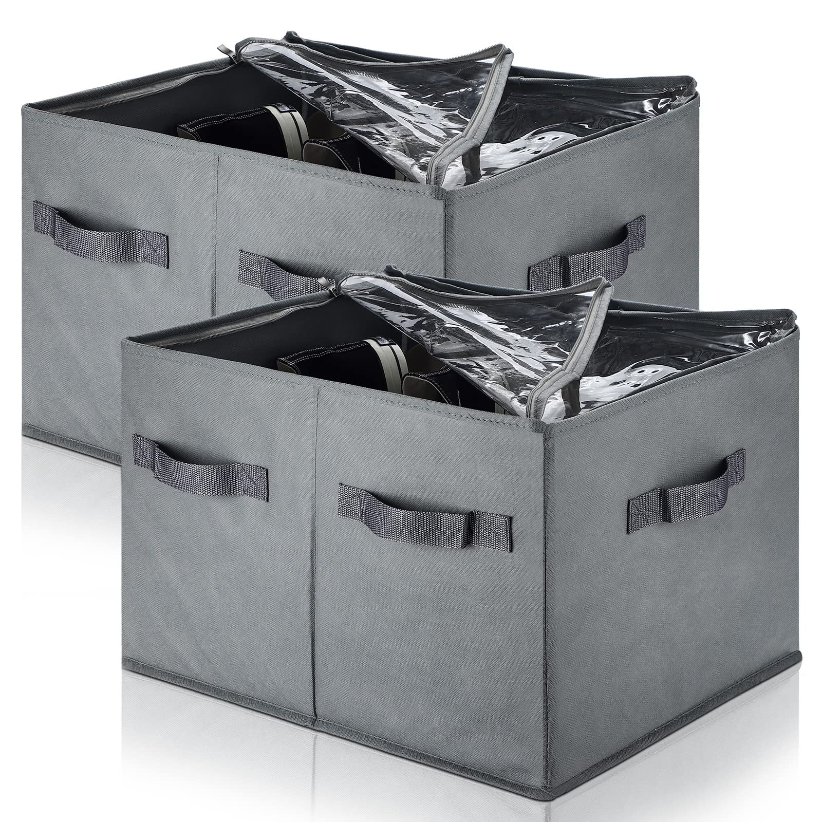 Irenare 2 Pcs Shoe Organizer for Closet Large Shoe Box Fits Total 24 Pairs Storage Containers Gray Boot Storage Shoe Bin for Entryway with Adjustable Dividers Clear Cover Handles
