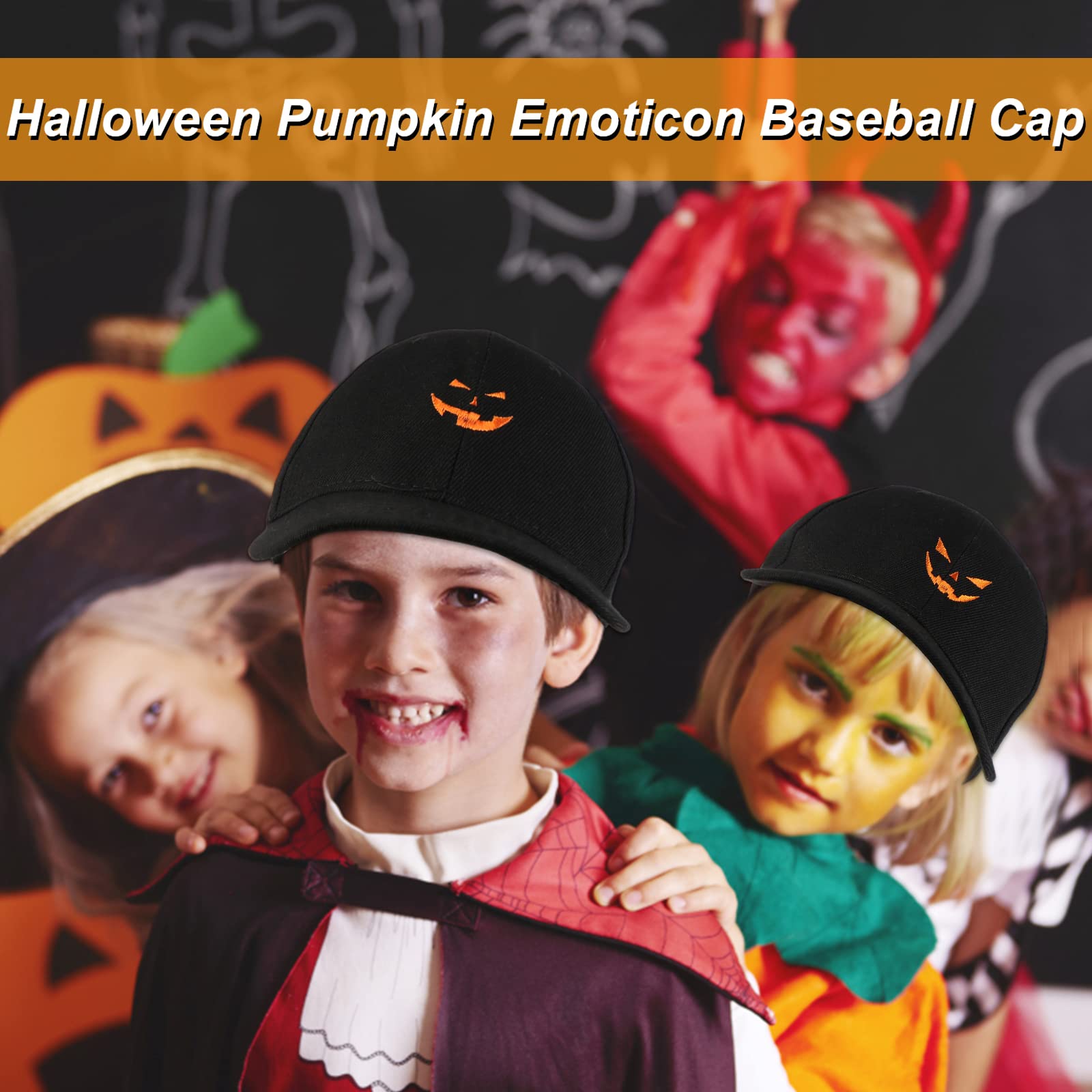 OBANGONG 4 Pcs Halloween Baseball Cap Pumpkin Baseball Dad Hats Adjustable Embroidery Ghost Smile Cap Unisex Black Cap for Men Women Daily Use