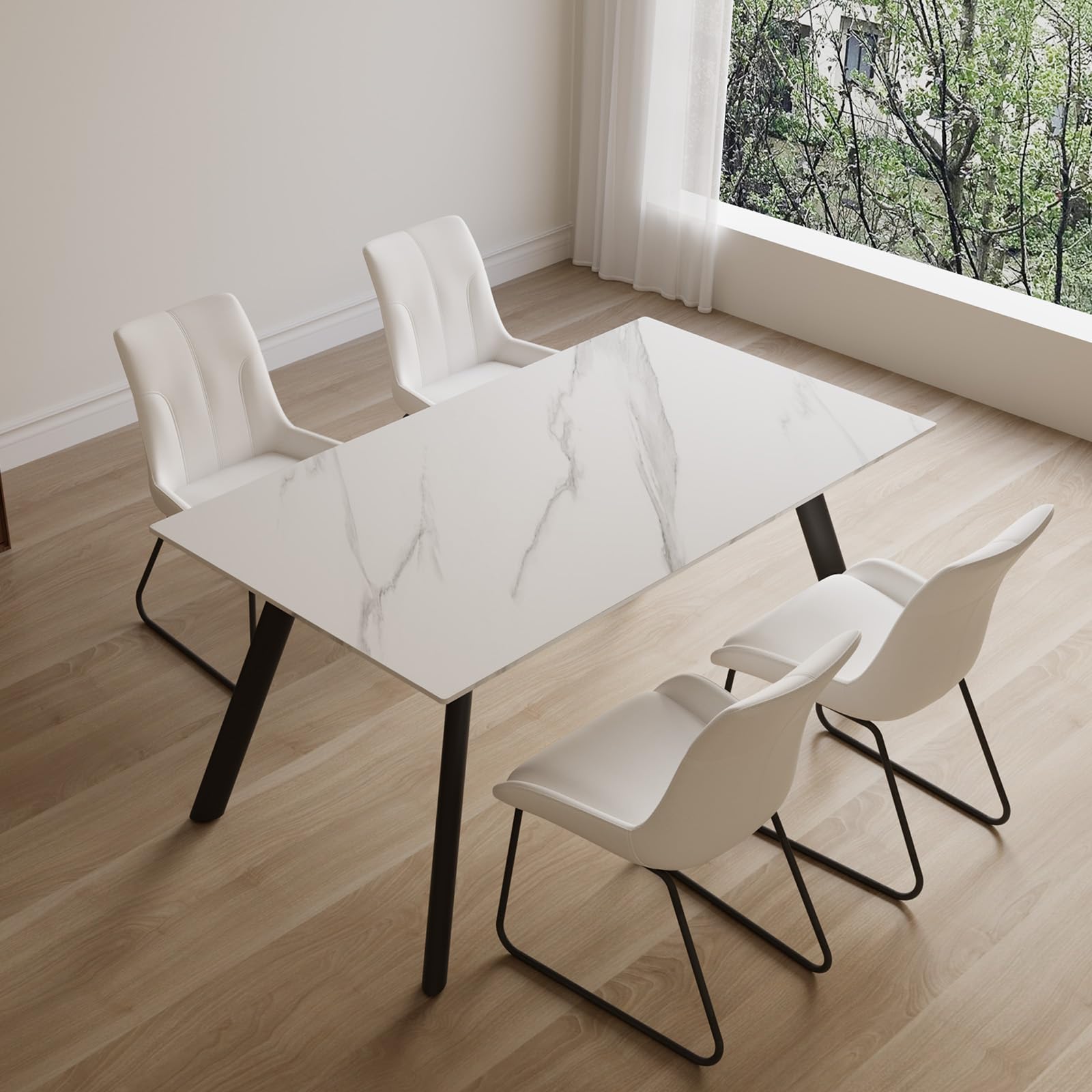 HIPIHOM Modern Dining Table Set for 4, Rectangular White Dining Sintered Stone Table and Chairs Set 4 for Home, Kitchen, Living Room, Dining Room (Table+4 Off-white Chairs)