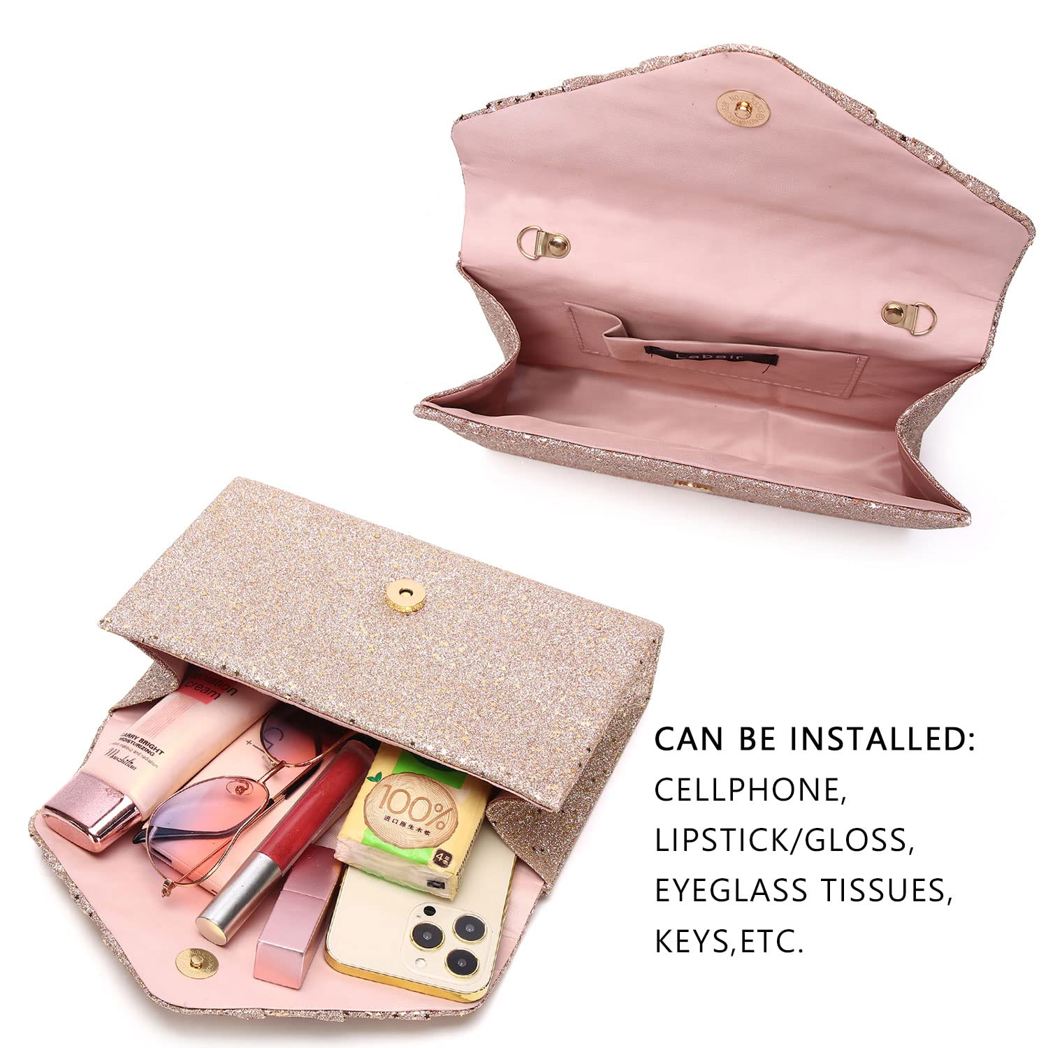 Labair Clutch Purses for Women Glitter Sparkly Evening Bag Wedding Prom Formal Handbag,Champagne.