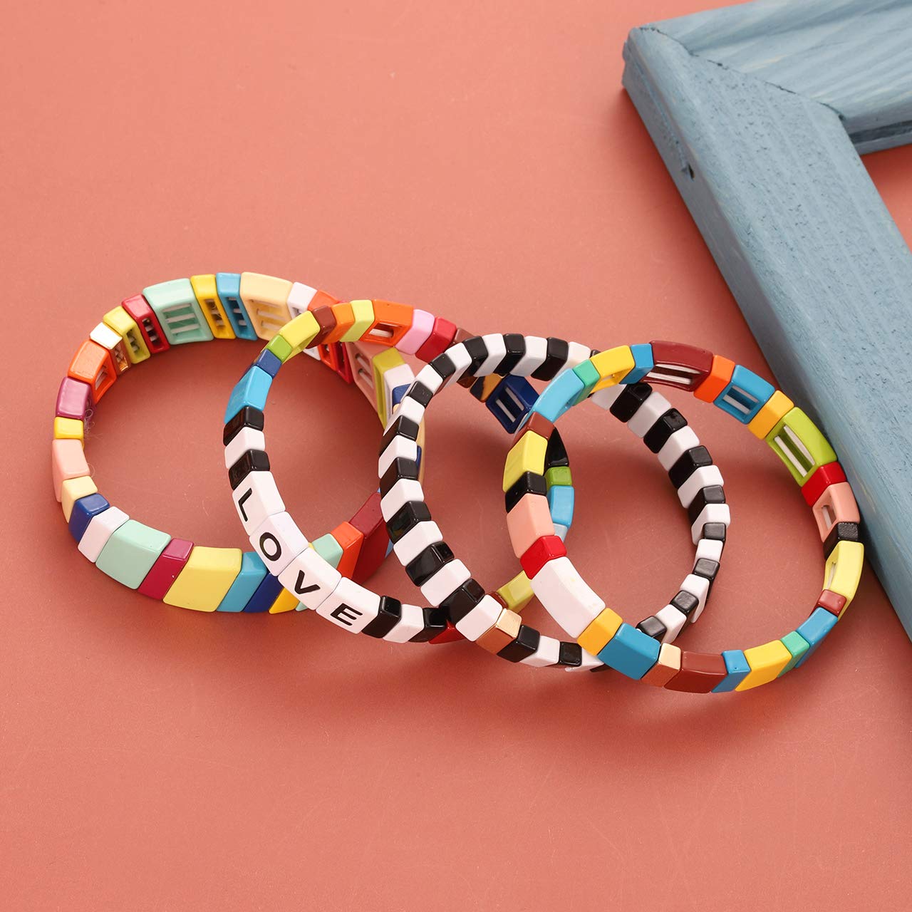 HZEYN Enamel Tile Bracelet Stackable Rainbow Tile Bead Love Stretchy Bracelet Colorblock Enamel Brite Bracelet for Women Set of 4 Strands