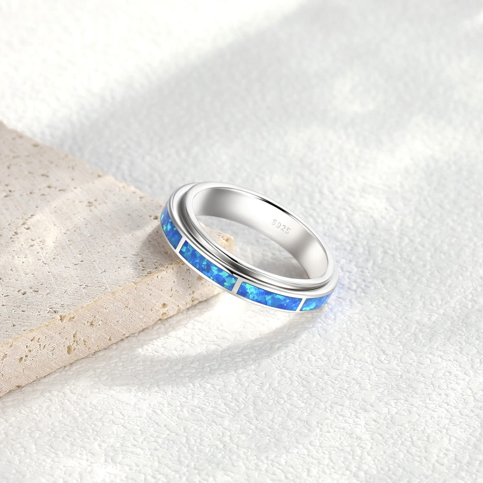 JUSTKIDSTOY Opal Fidget Ring Sterling Silver Blue Opal Spinner Ring for Anxiety Mood Worry Relieving Boredom ADHD Autism Jewellery Gifts for Women (8)