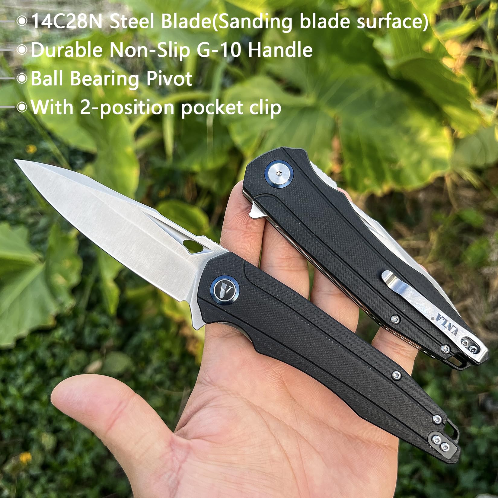 VNLA Praxis Flipper folding Pocket Knife,Sandvik 14C28N Steel Blade,G10 Handle,with Pocket Clip for Men Women. Sharp Work Hiking Camping Knives. (Sanding blade surface)