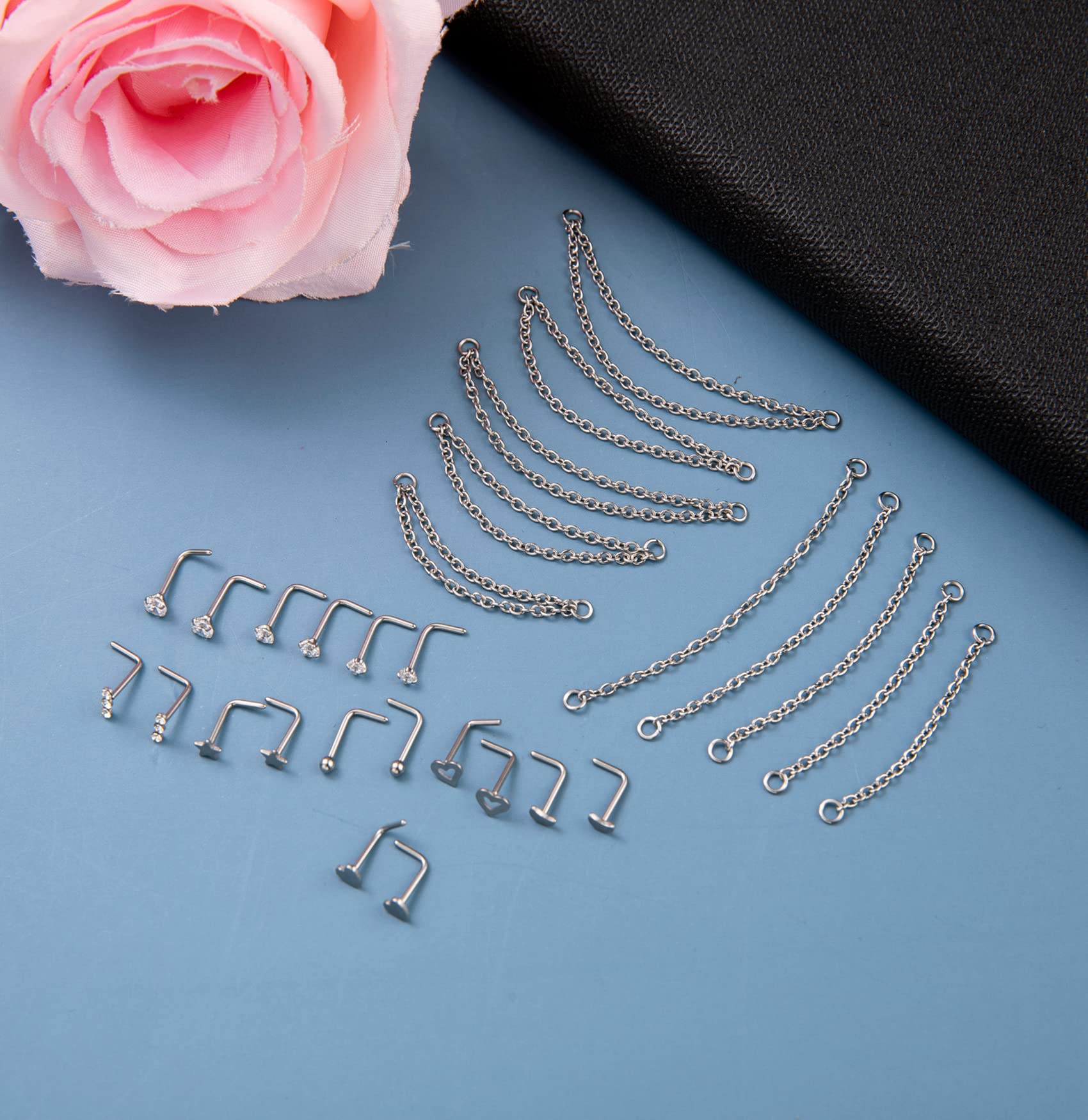 Masedy 20G Stainless Steel Nose Ring Stud Nose Ring Chain Piercing Across Double Nose Stud Heart Ball CZ Nose Studs Nostril Piercing Jewelry SL