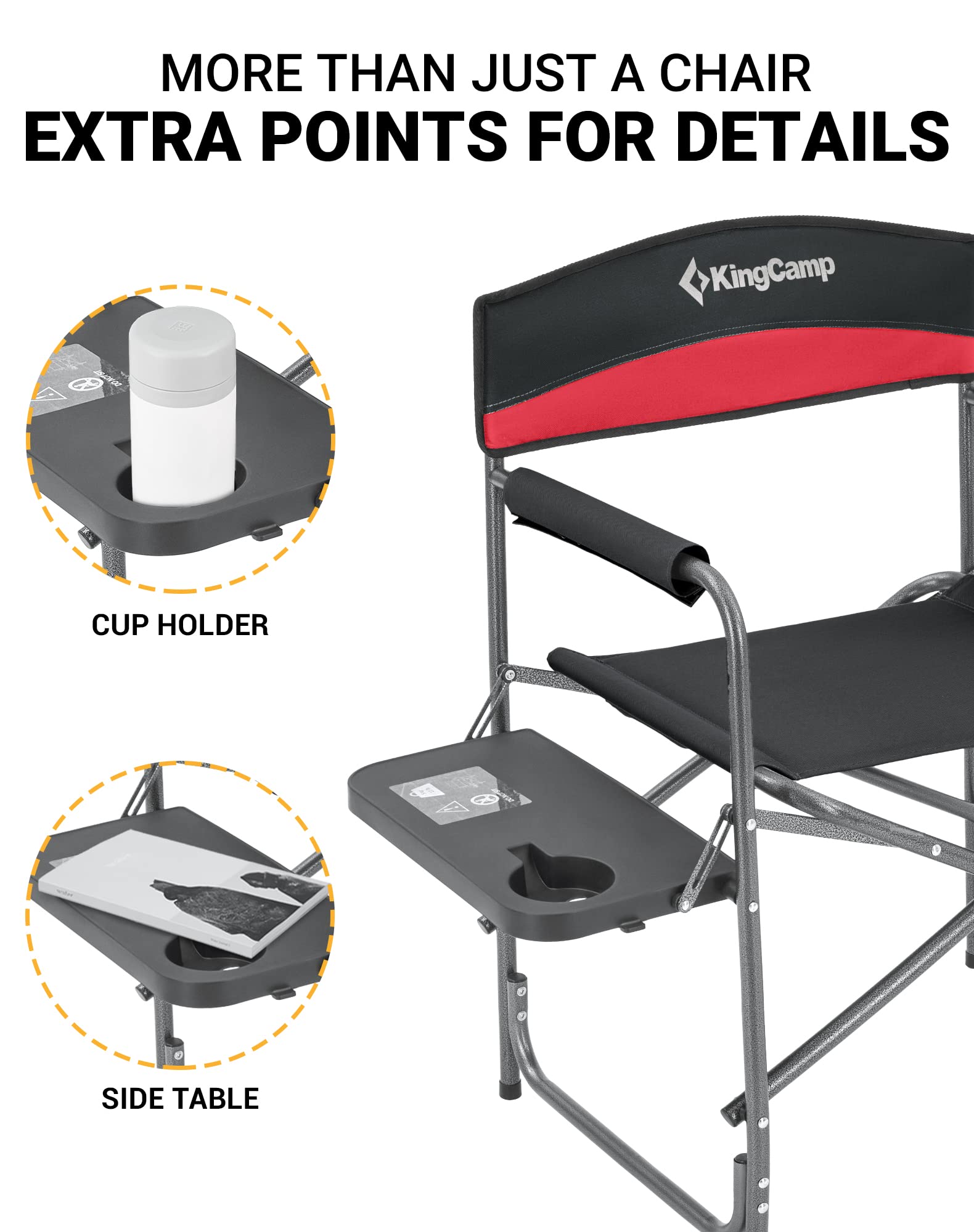 KingCamp Heavy Duty Camping Director Chair for Adults Folding Oversized Outdoor Lawn Foldable with Side Table and Pockets Padded Seat, Supports 400lbs, 1 Pack, Black/RoyalBlue