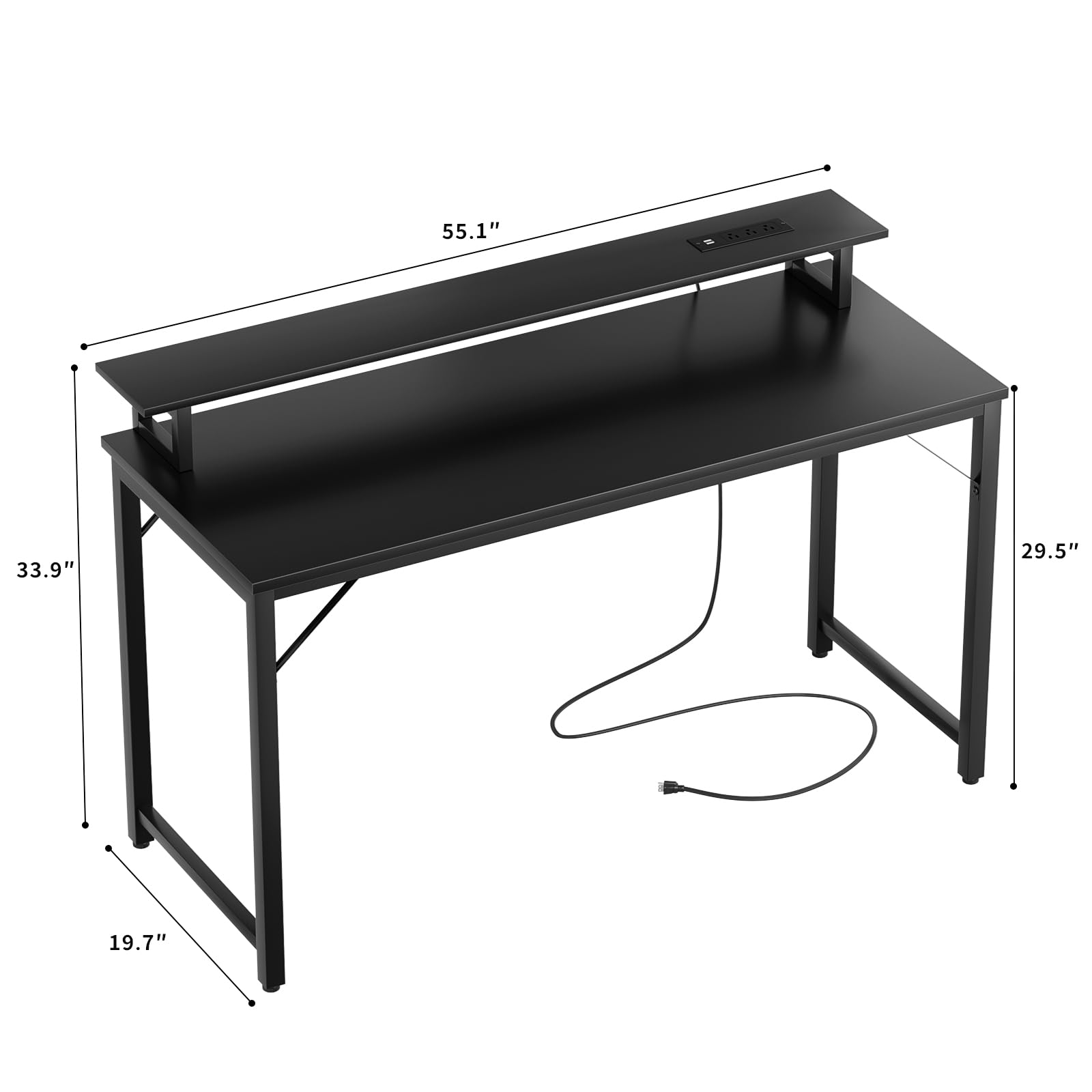 iSunirm 55 inch Computer Desk with Power Outlets, Office Desk Gaming desk with LED Lights, Home Office Desk with Monitor Shelf, Modern Work Desk Study Writing Table for Bedroom, Matte Black