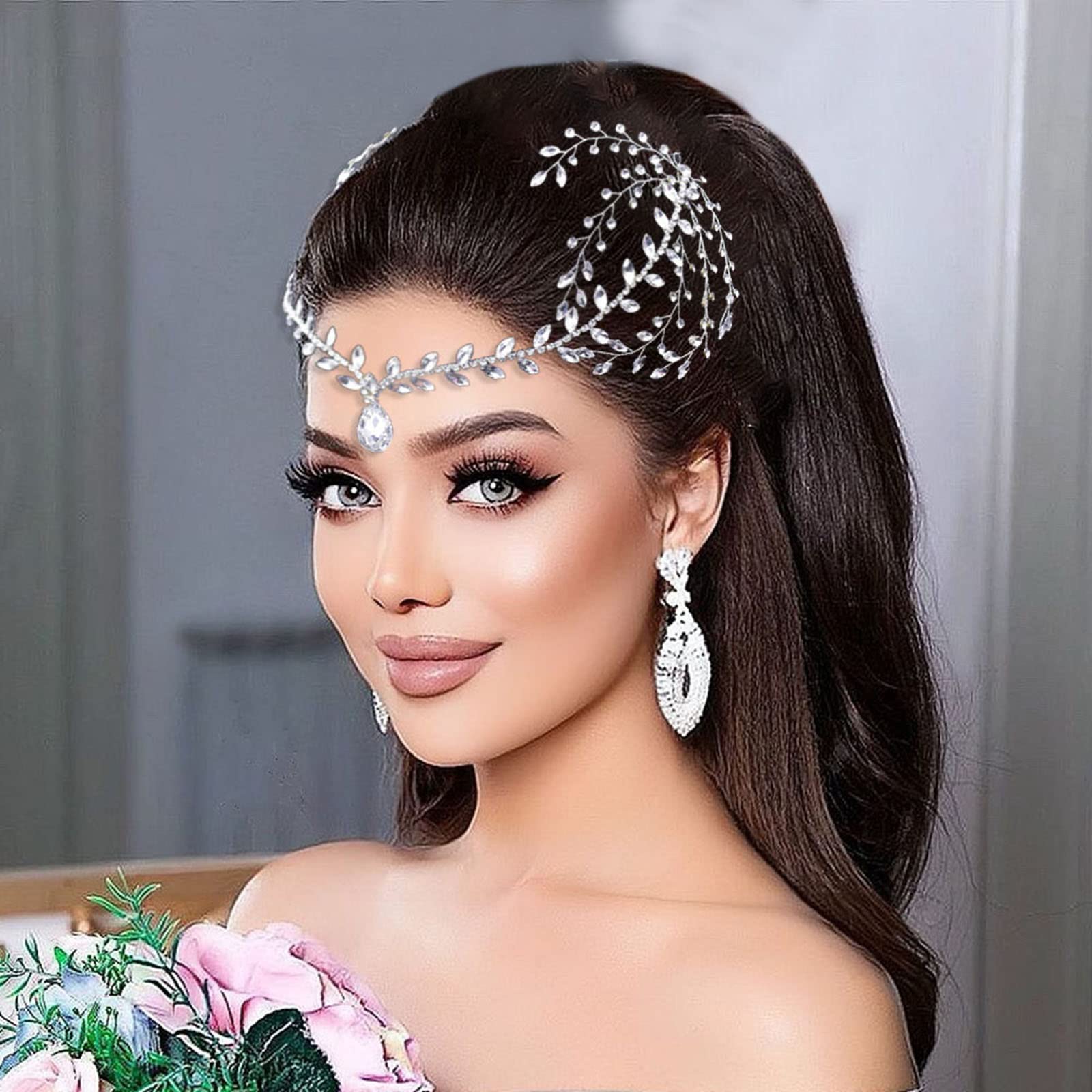 LOVFOIVER Bridal Headpieces for Wedding, Rhinestone Forehead Headband Hair Accessories for Bride