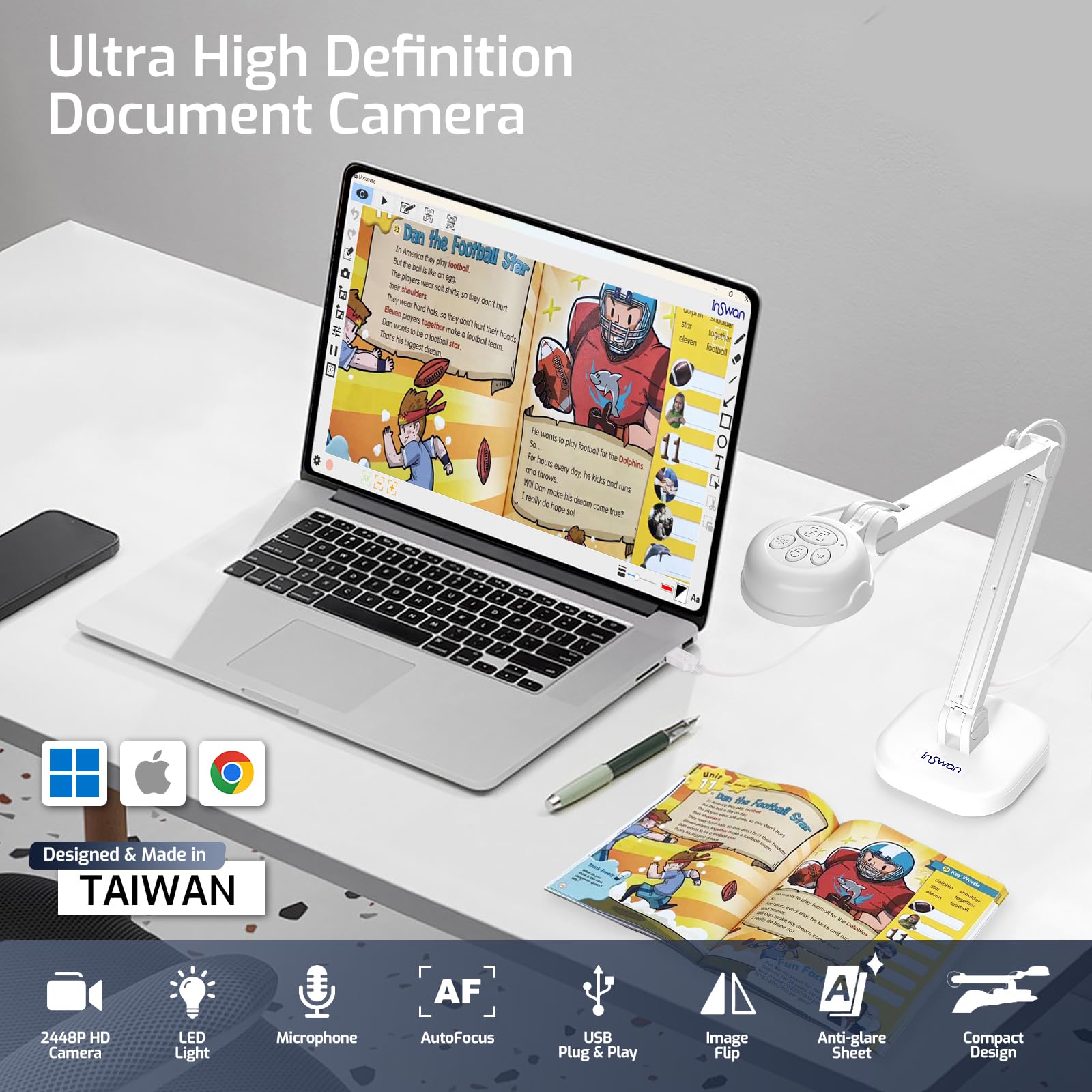 INSWAN INS-1 USB Document Camera β 8MP Ultra HD, Auto Focus, LED Light, Built-in Microphone, Mac OS, Windows, Chromebook Compatible for Distance Learning, Remote Teaching, Web Conferencing, Live Demo