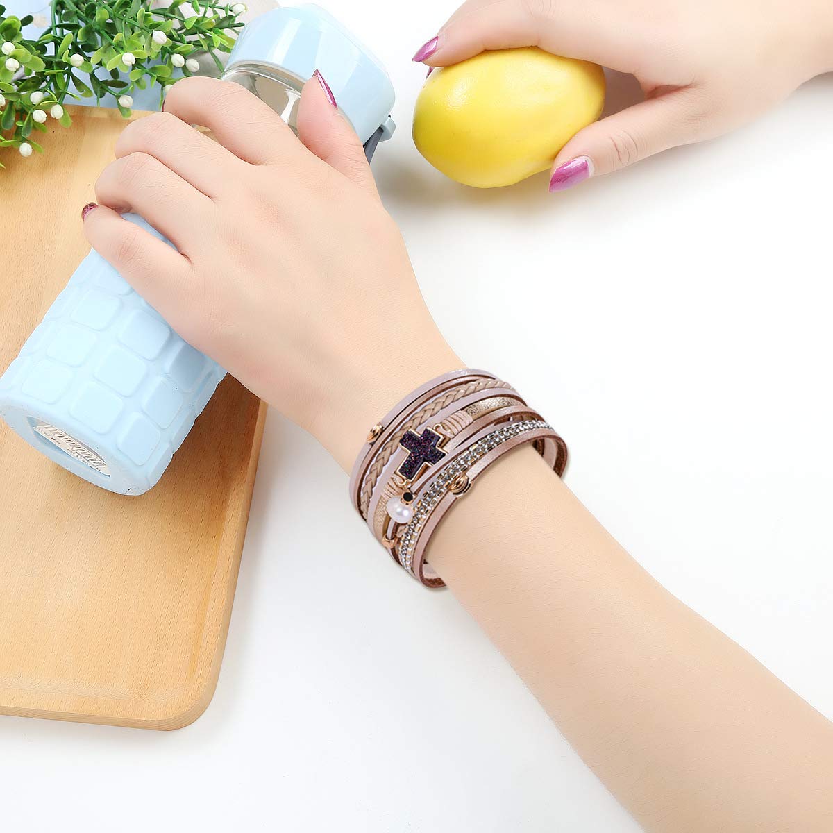 Hutou Leather Wrap Bracelet Boho Cuff Bracelets for Women Crystals Cross Bracelet Jewelry Gifts for Her Beige