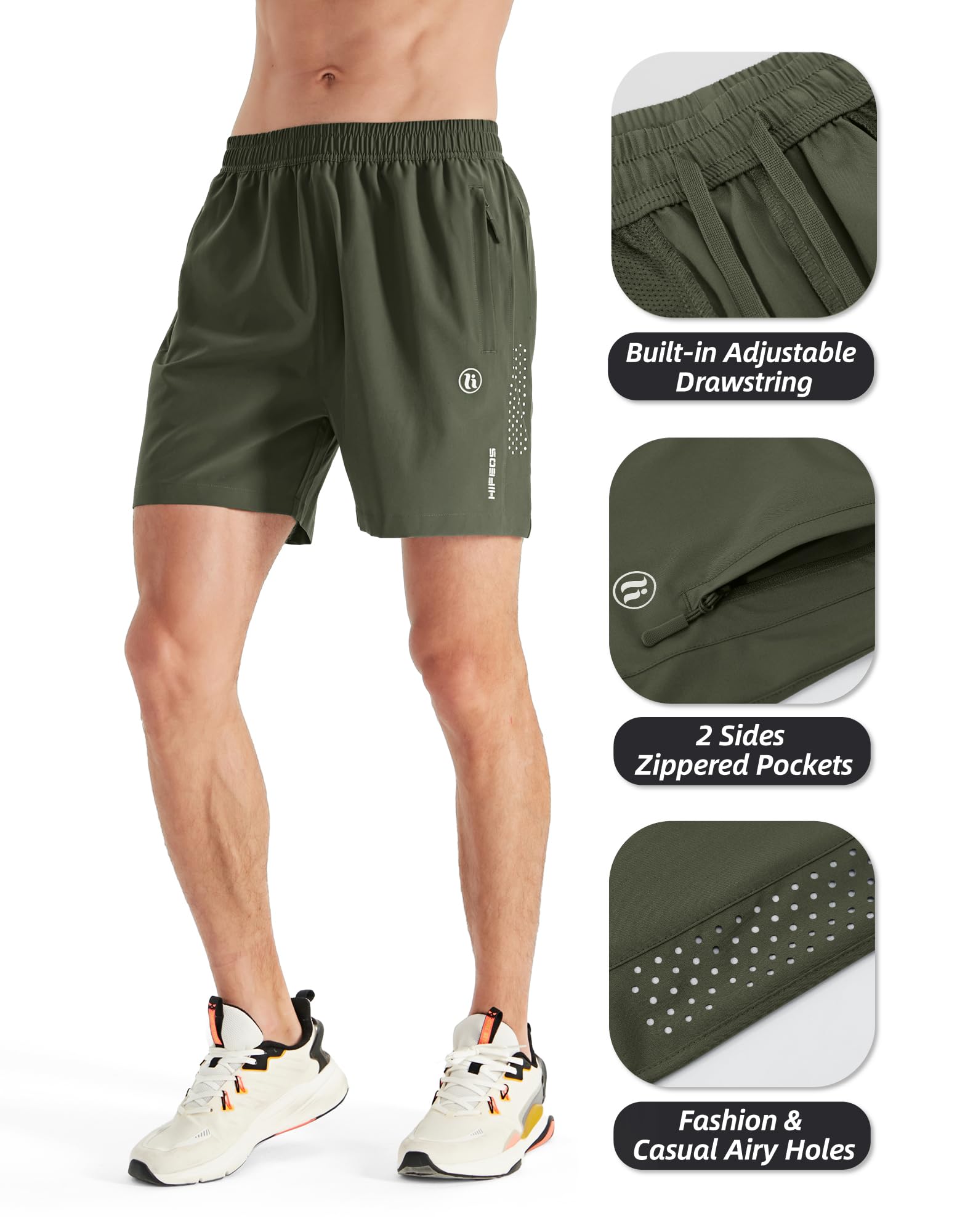 HIFEOS Mens Athletic Shorts -Running, Tennis Gym Workout Shorts for Men 5"/7"/9"- Comfort, Lightweight, 3 Zippered Pockets Army Green