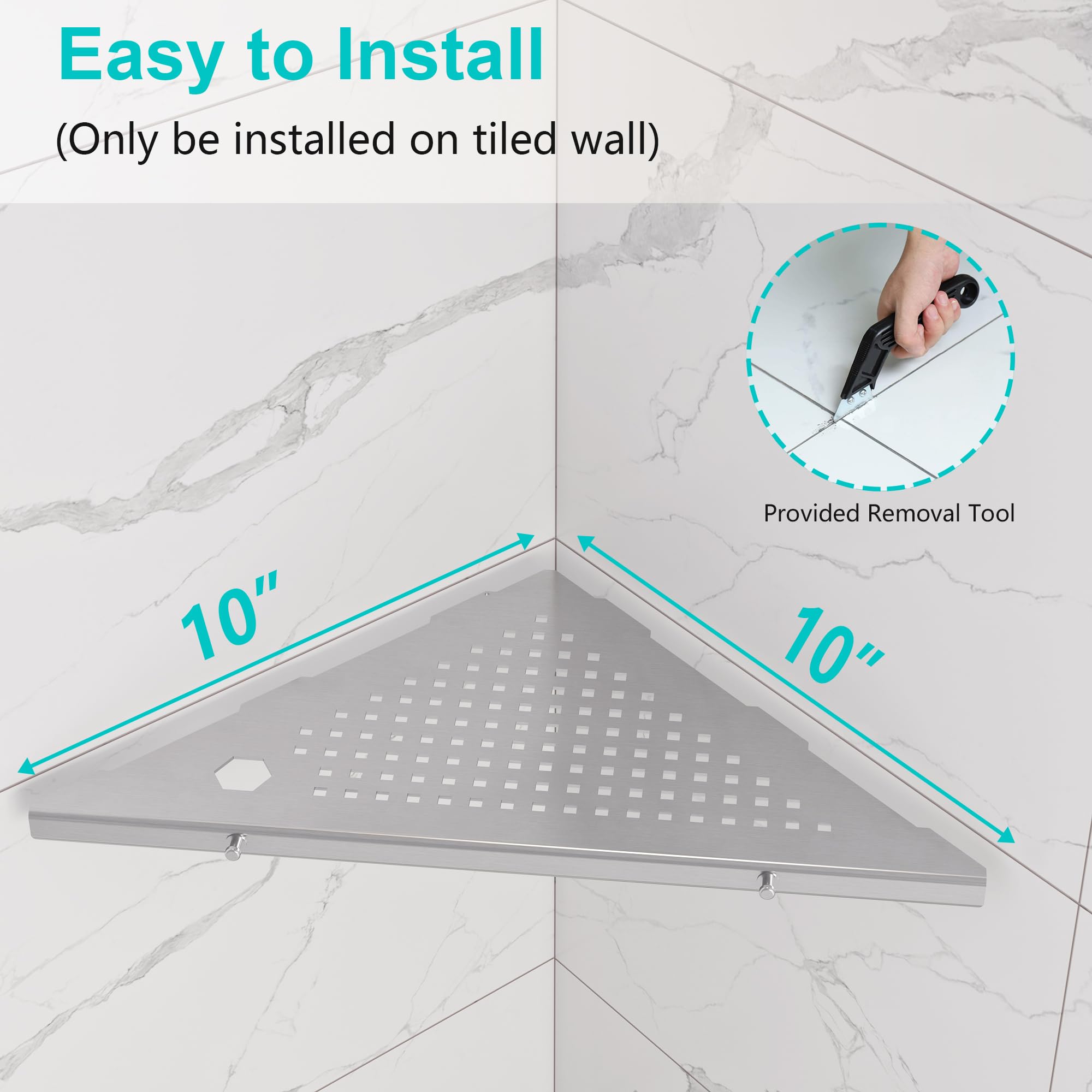 Qeke 10" Bathroom Corner Shelf, 2 Pack Recessed Shower Shelf Caddy, SUS304 Stainless Steel Shelf Wall Mount Triangular, No Drilling Brushed Nickel