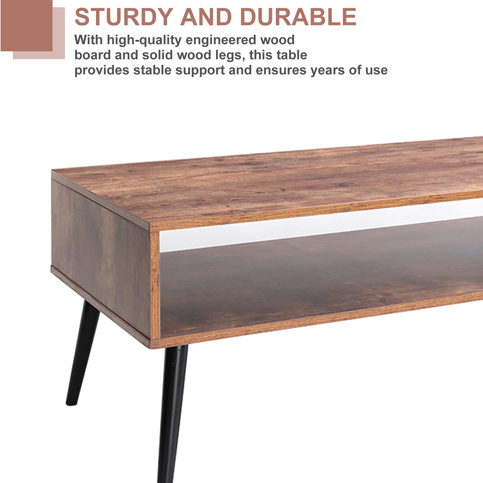 Iwell Coffee Table for Living Room, Boho Coffee Table with Storage Shelf, Living Room Tables Accent Cocktail Table, Rustic Brown