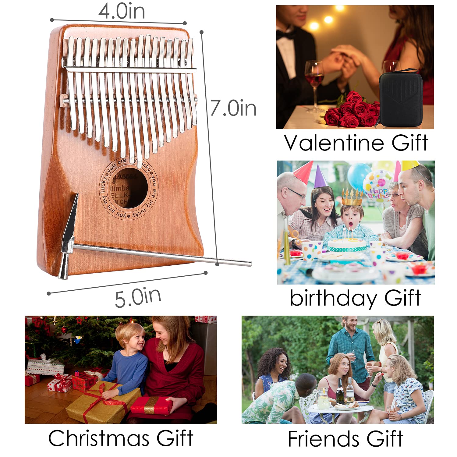 Ladyacces Kalimba Thumb Piano 17 Key Portable Mbira Finger Piano Musical Instrument Gift